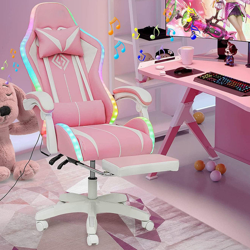 Inbox Zero Pink Gaming Chair with Bluetooth Speakers and LED RGB Lights ...