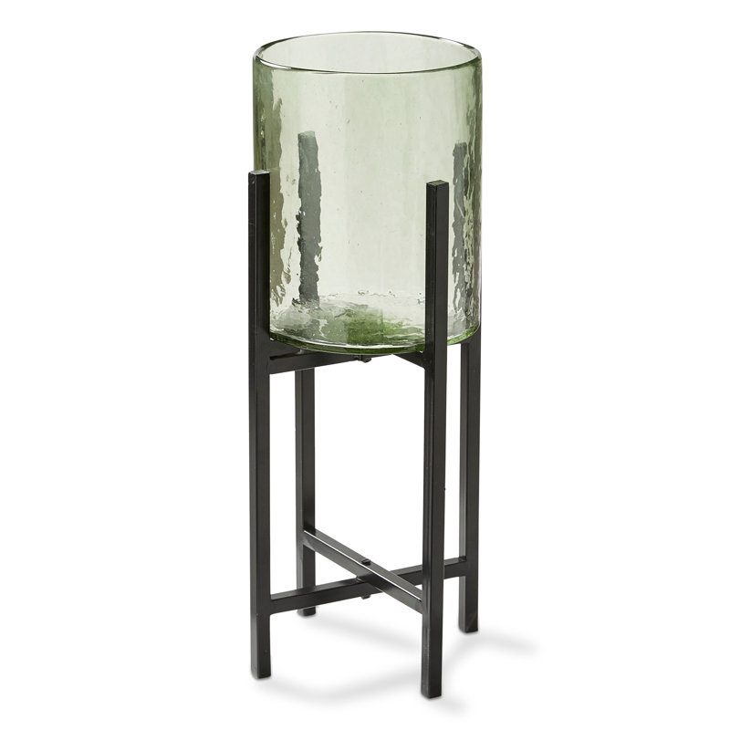 Ebern Designs Recycled Glass Hurricane Pillar Candle Holder with Stand ...