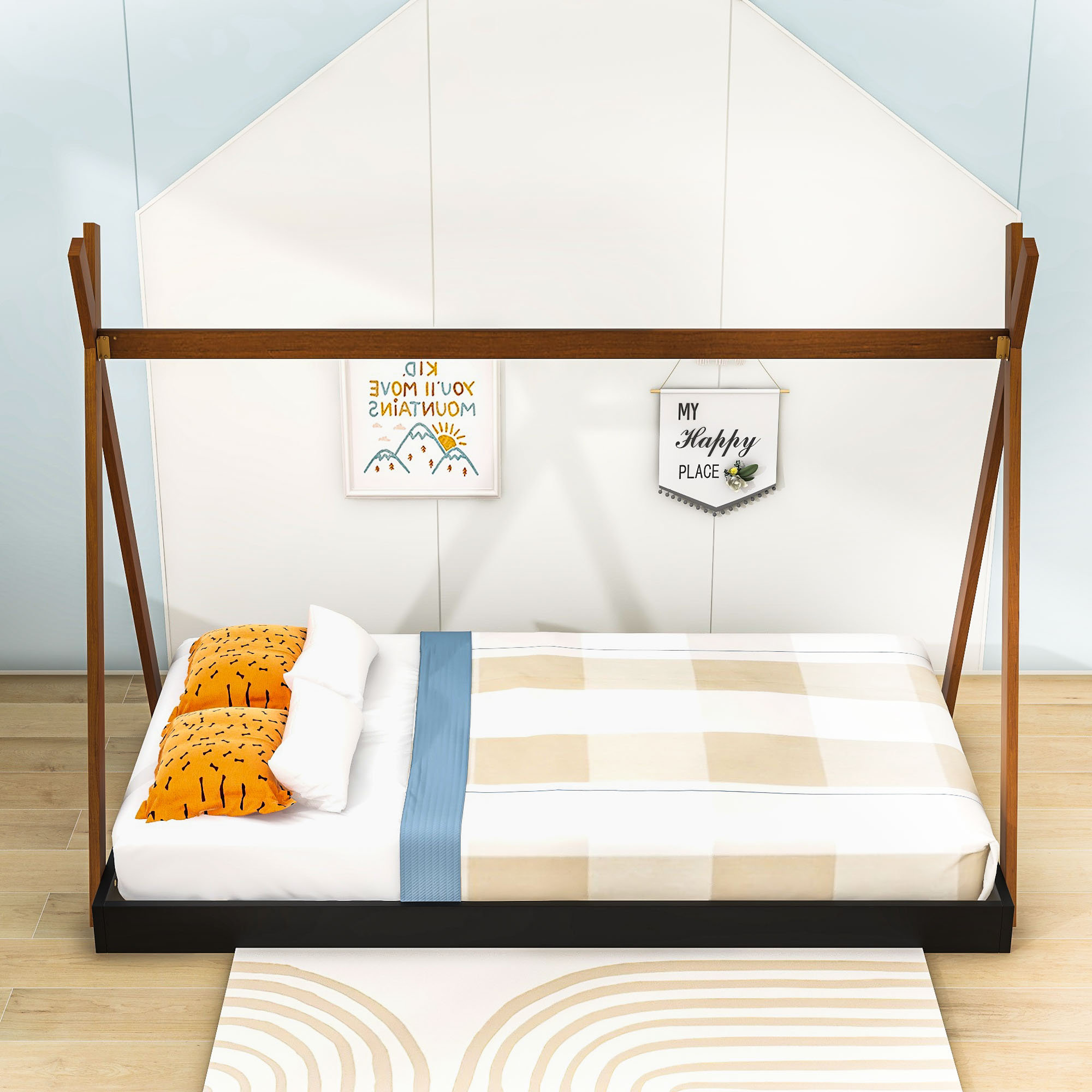 Redwood Rover Twin Wood Floor Bed with Triangle Stability Structure ...