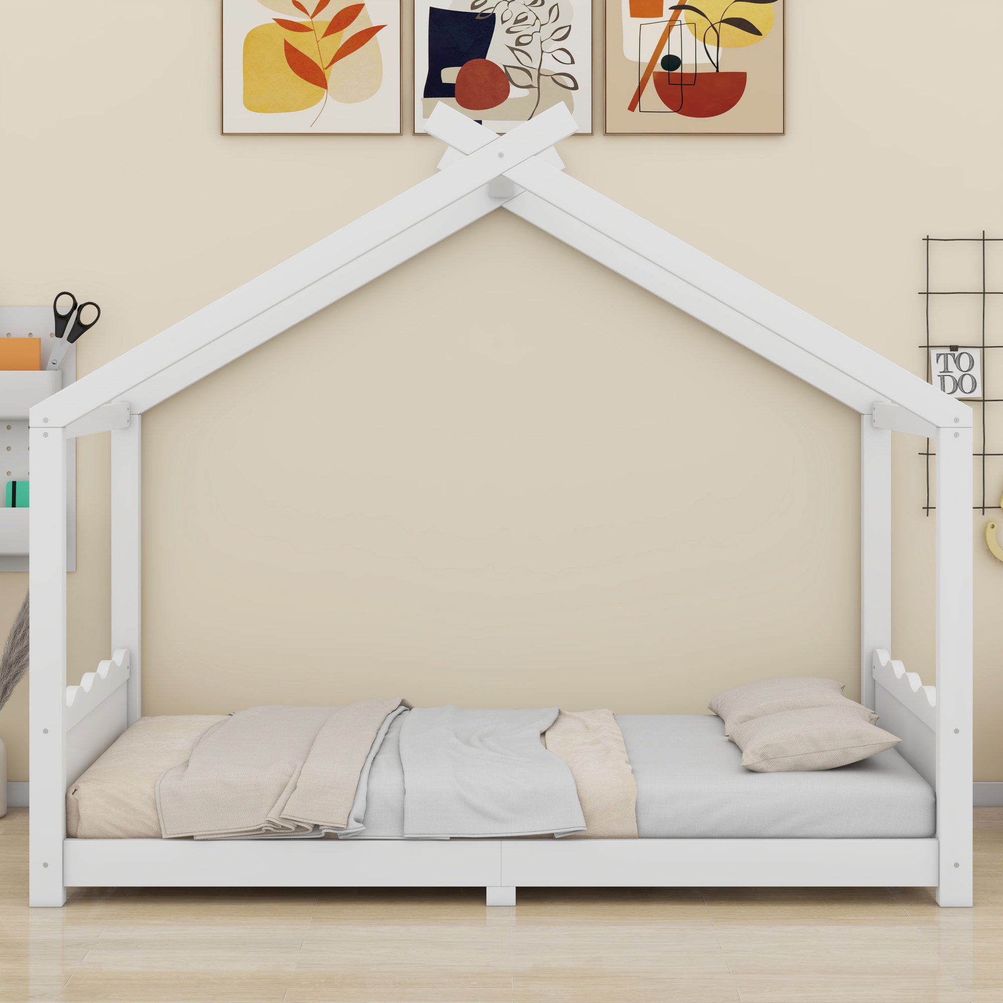 Ebern Designs Low-Profile House-Shaped Bed For Children With Solid Wood ...