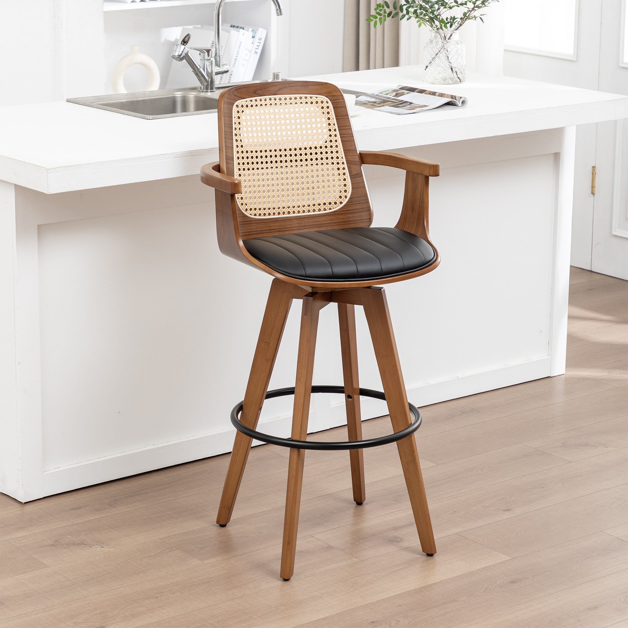 Bay Isle Home™ Clero Swivel Faux Leather Counter Stools With Rattan ...