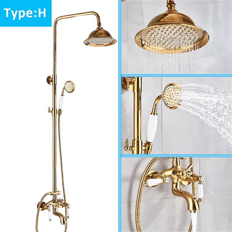 Juno Showers Luxury Gold Brass Rainfall Shower Set with Dual Handle ...