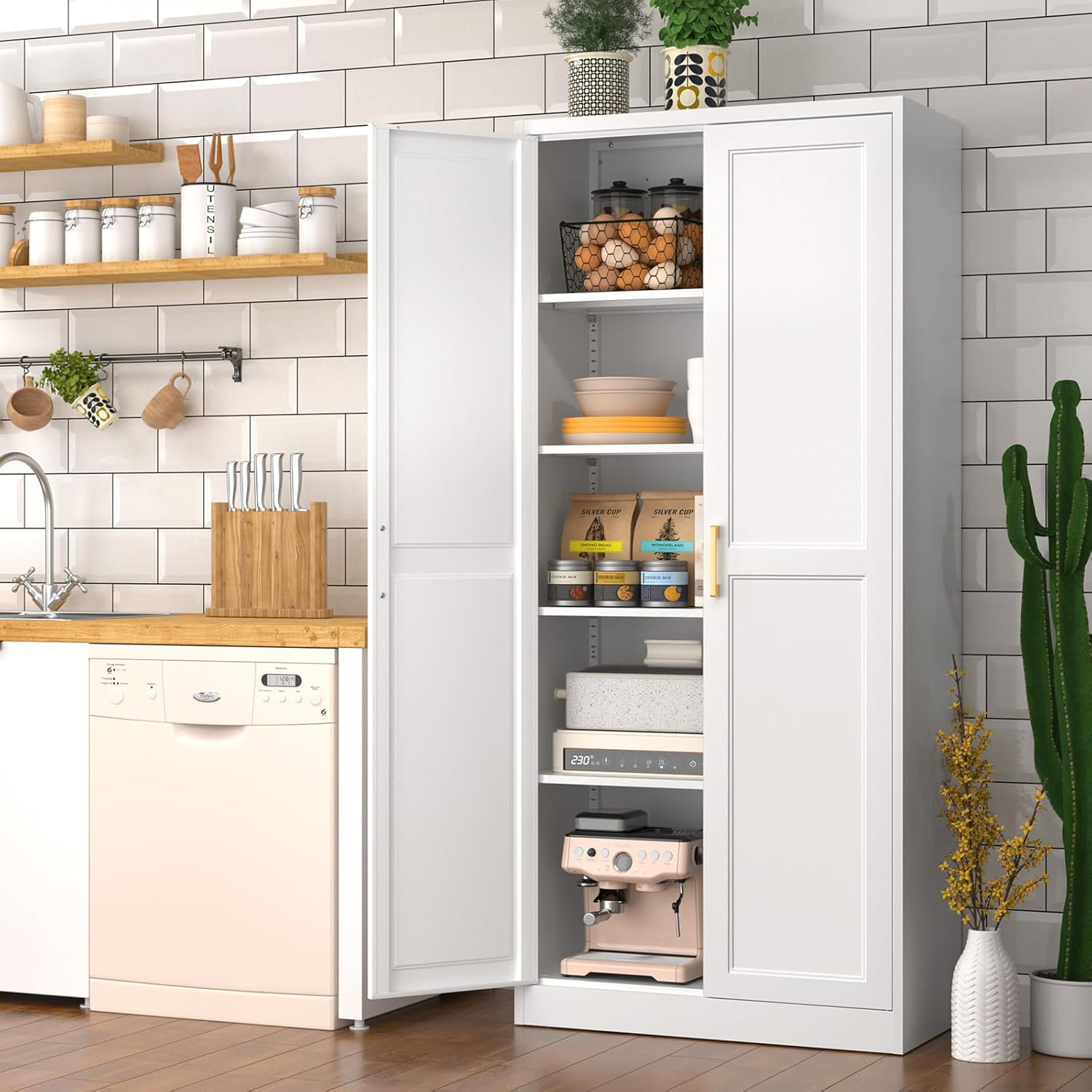 Latitude Run® White Kitchen Pantry Cabinet, Pantry Storage Cabinet with ...