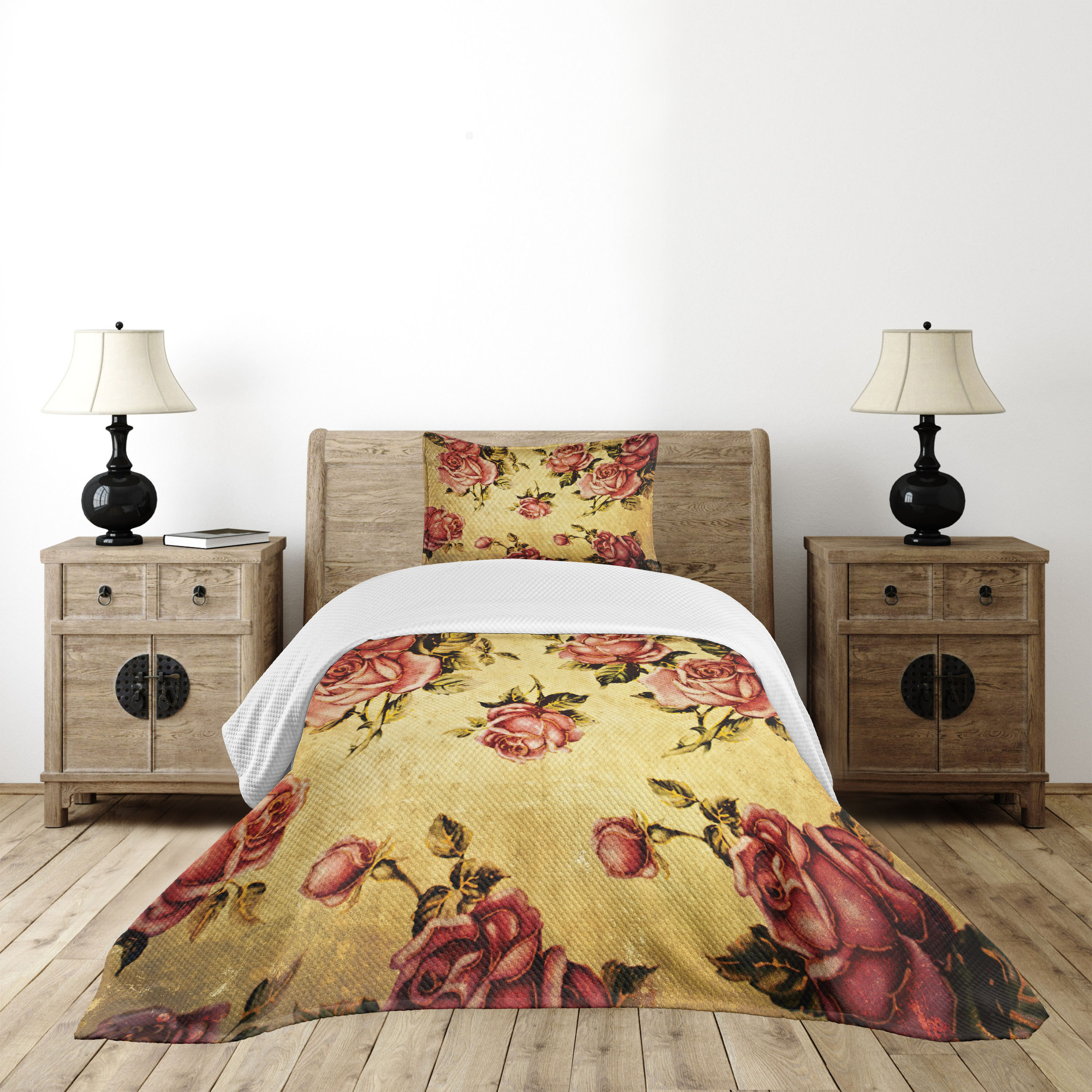 Ambesonne Rose Bedspread Set Victorian Style Pattern Cream Pink Green ...