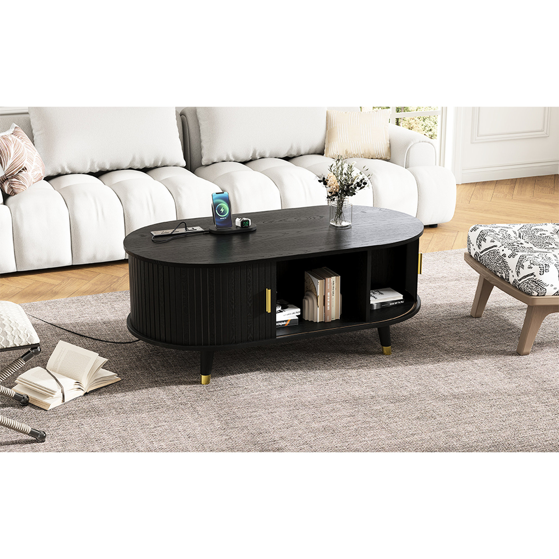 Latitude Run® Wooden Fluted Coffee Table With Charging Station, Mid ...