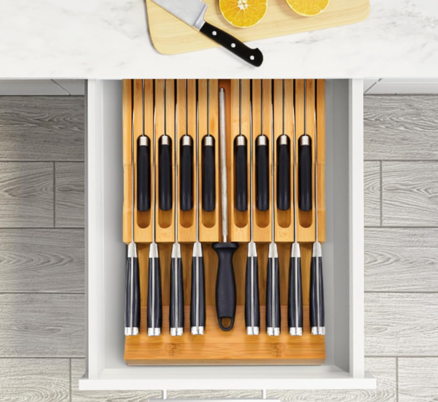 DOFLIC Bamboo Knife Drawer Organizer Insert, Kitchen Knife Drawer ...