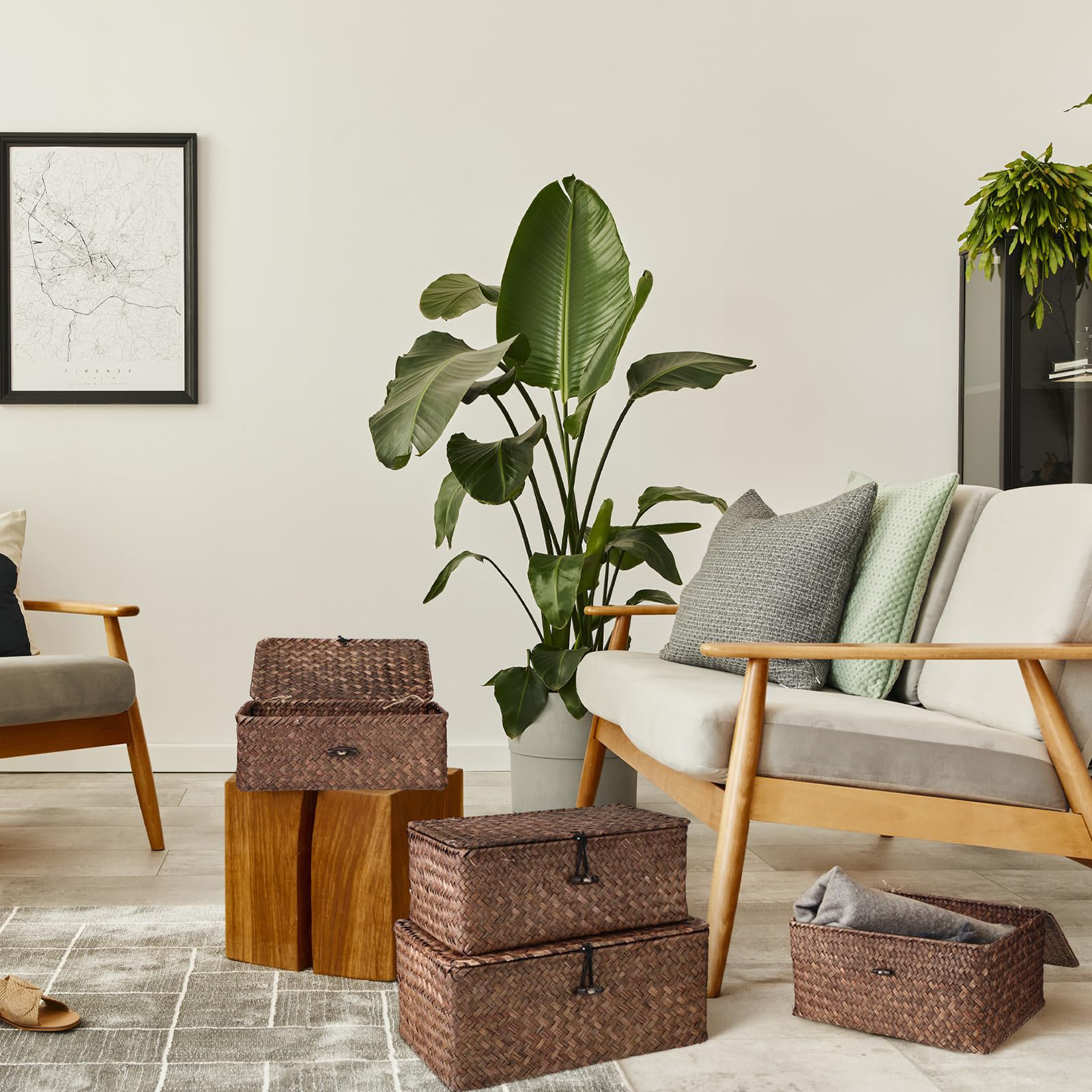 Gracie Oaks Set Of 4 Seagrass Basket With Lids Woven Rattan Wicker ...