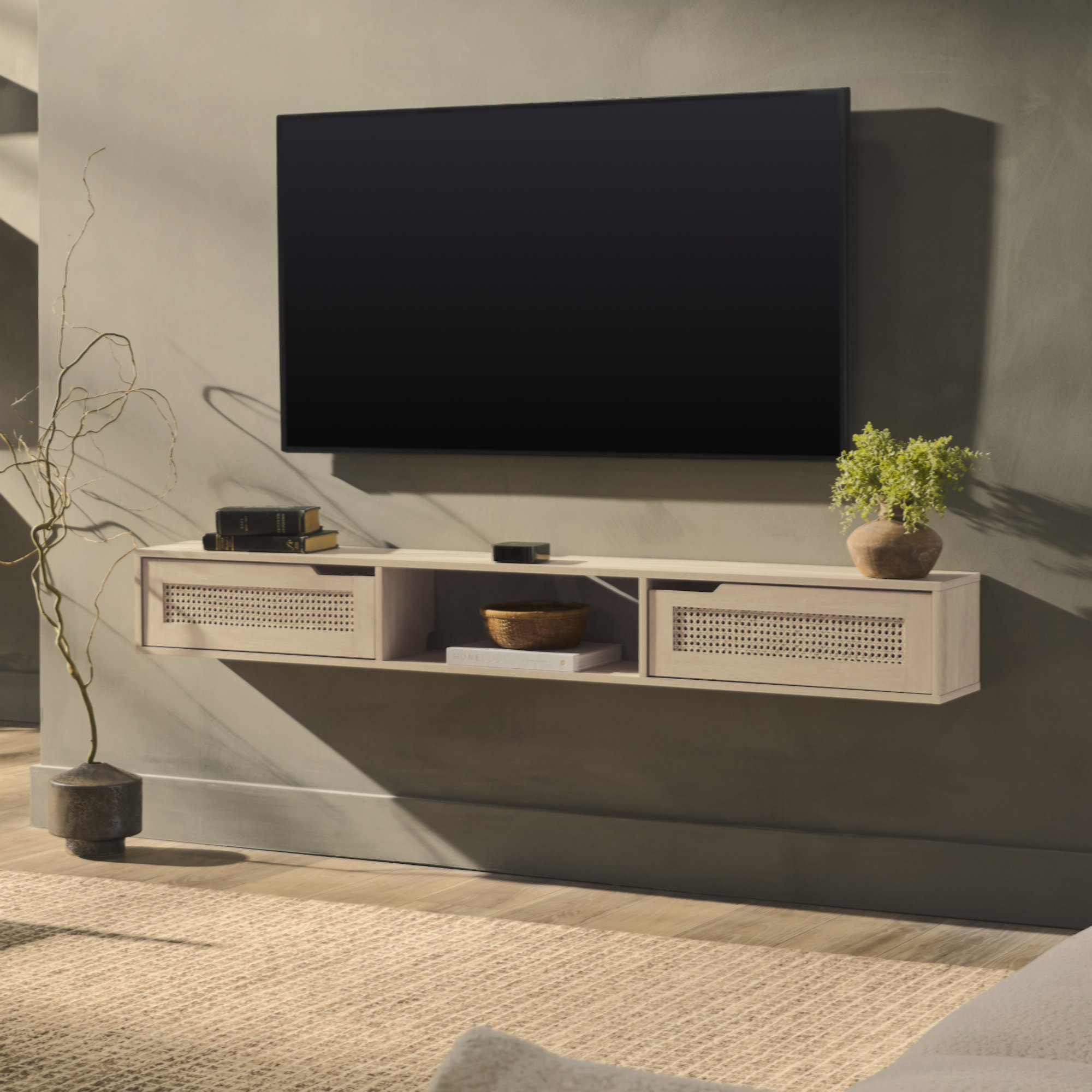 Bay Isle Home™ Modern Rattan-Door Floating TV Stand For Tvs Up To 65 ...