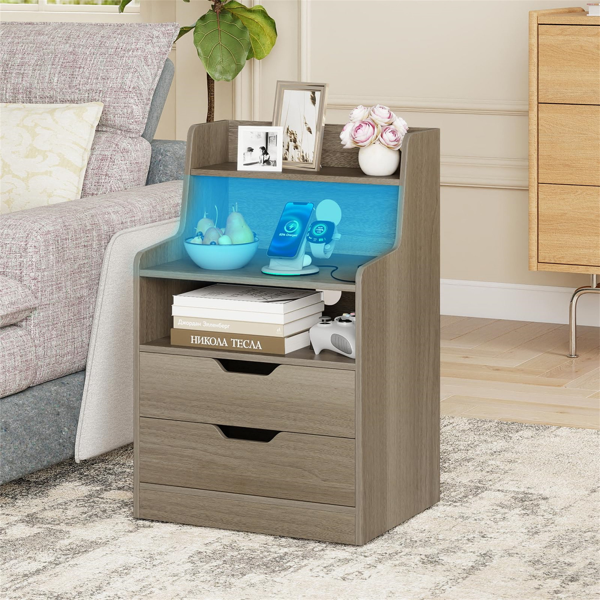 Brayden Studio LED Bedside Table With Charging Station, Smart ...