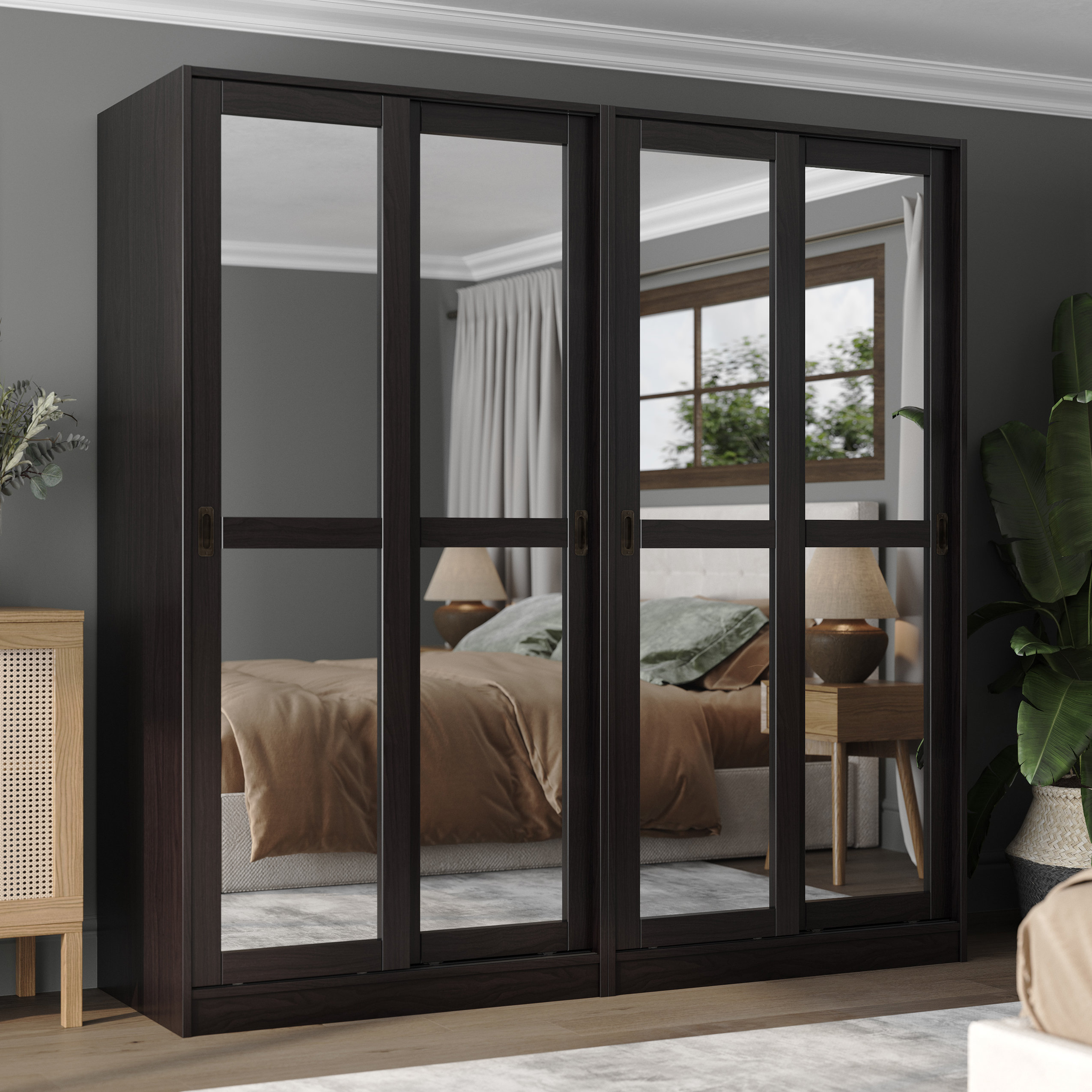 Hokku Designs Portuna 100% Solid Wood 4-Mirrored Sliding Door Wardrobe ...