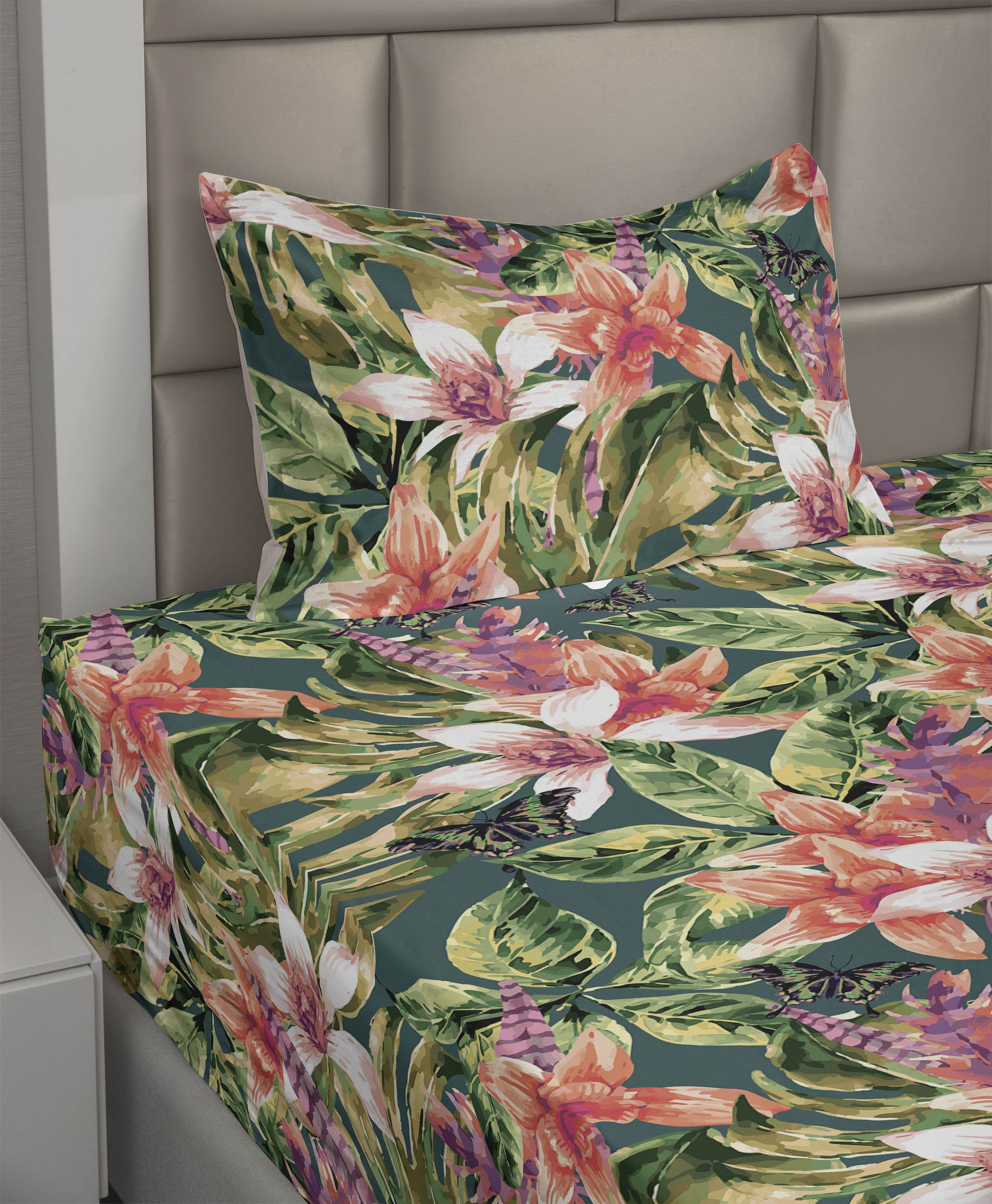 Ambesonne Tropical Sheet Set Exotics Hawaii Leaves Art Dark Coral Fern ...