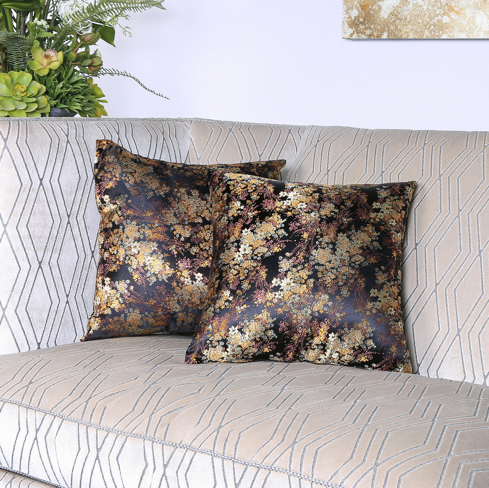 Cathayana Brocade Throw Pillow, Black, Gold Floral | Wayfair