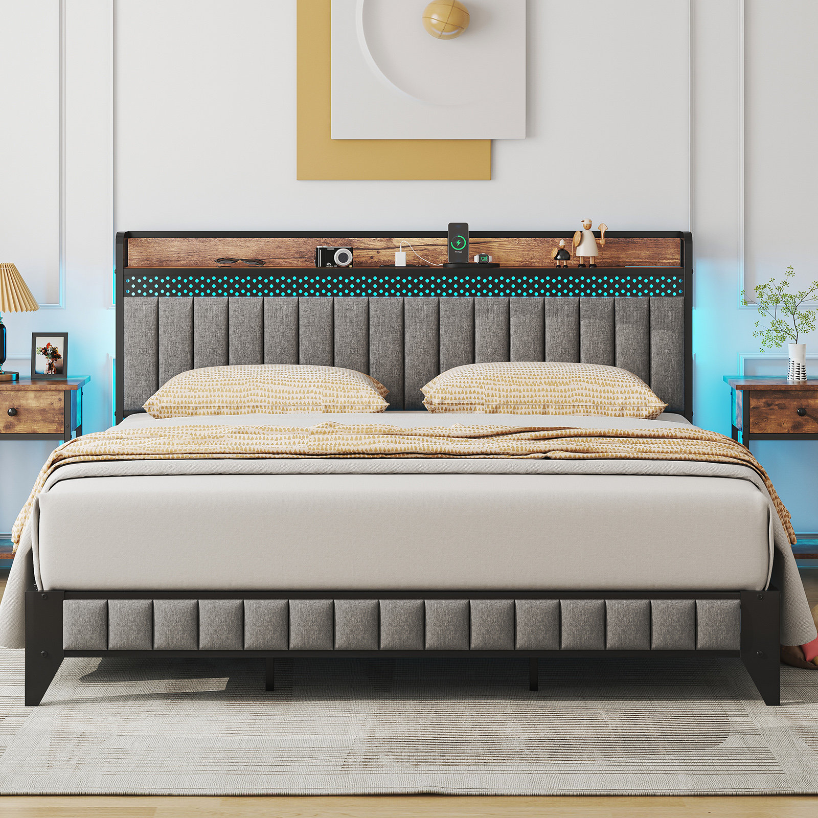 Ivy Bronx Carly-Mo Bed Frame with Charging Station and Soft Headboard ...