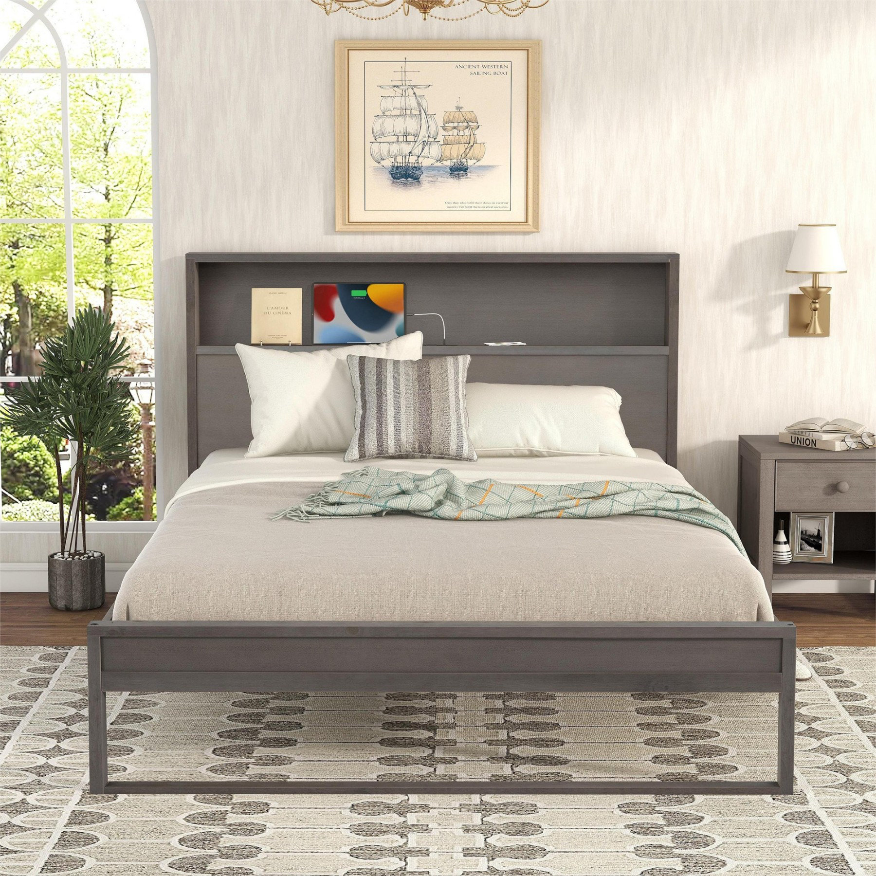 Winston Porter Smart Platform Bed with Storage Headboard: Queen Size ...