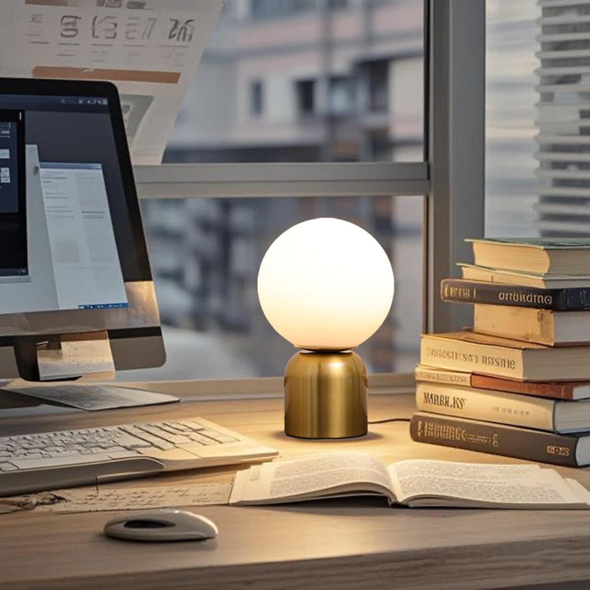 Mercer41 Mid-Century Modern Brushed Gold Table Lamp With Frosted Glass ...