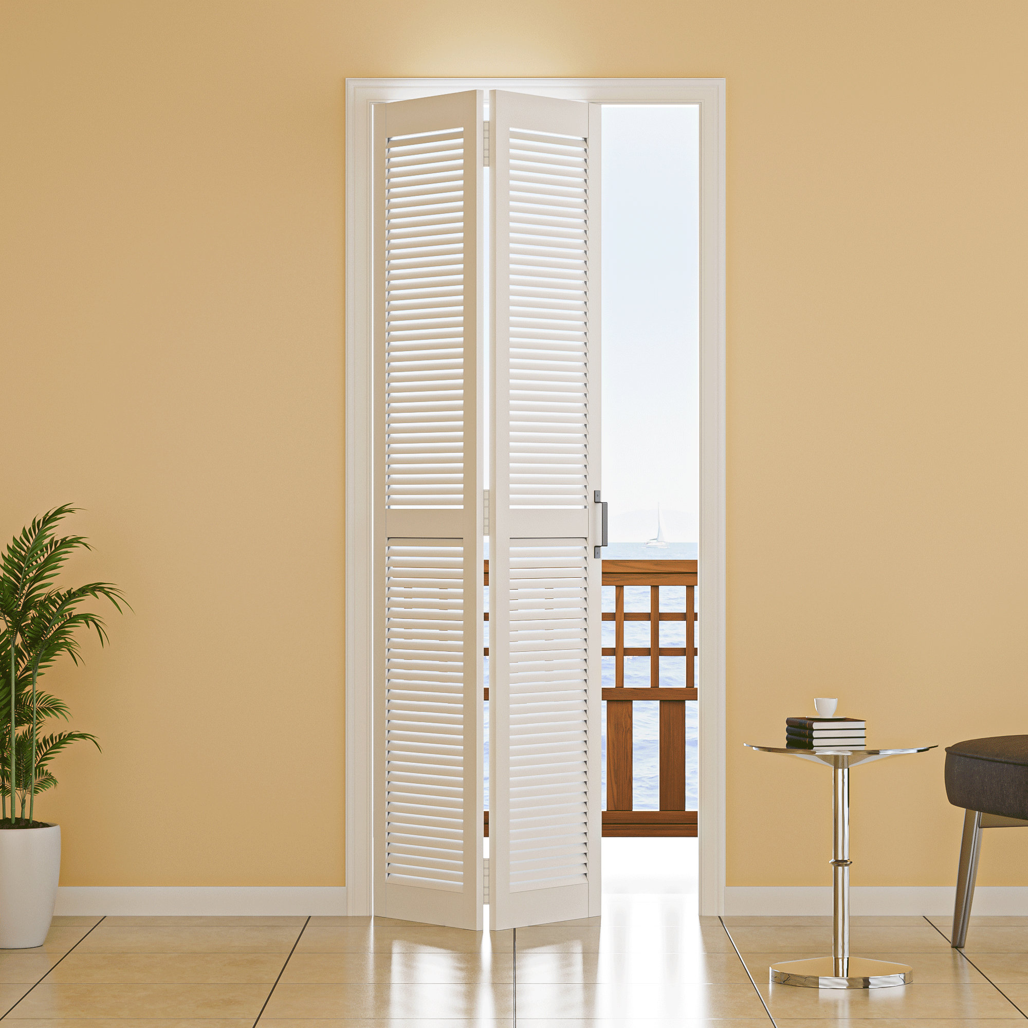 JANUS Primed Plantation Louvered Wood Painted Plantation Bi-Fold Door ...