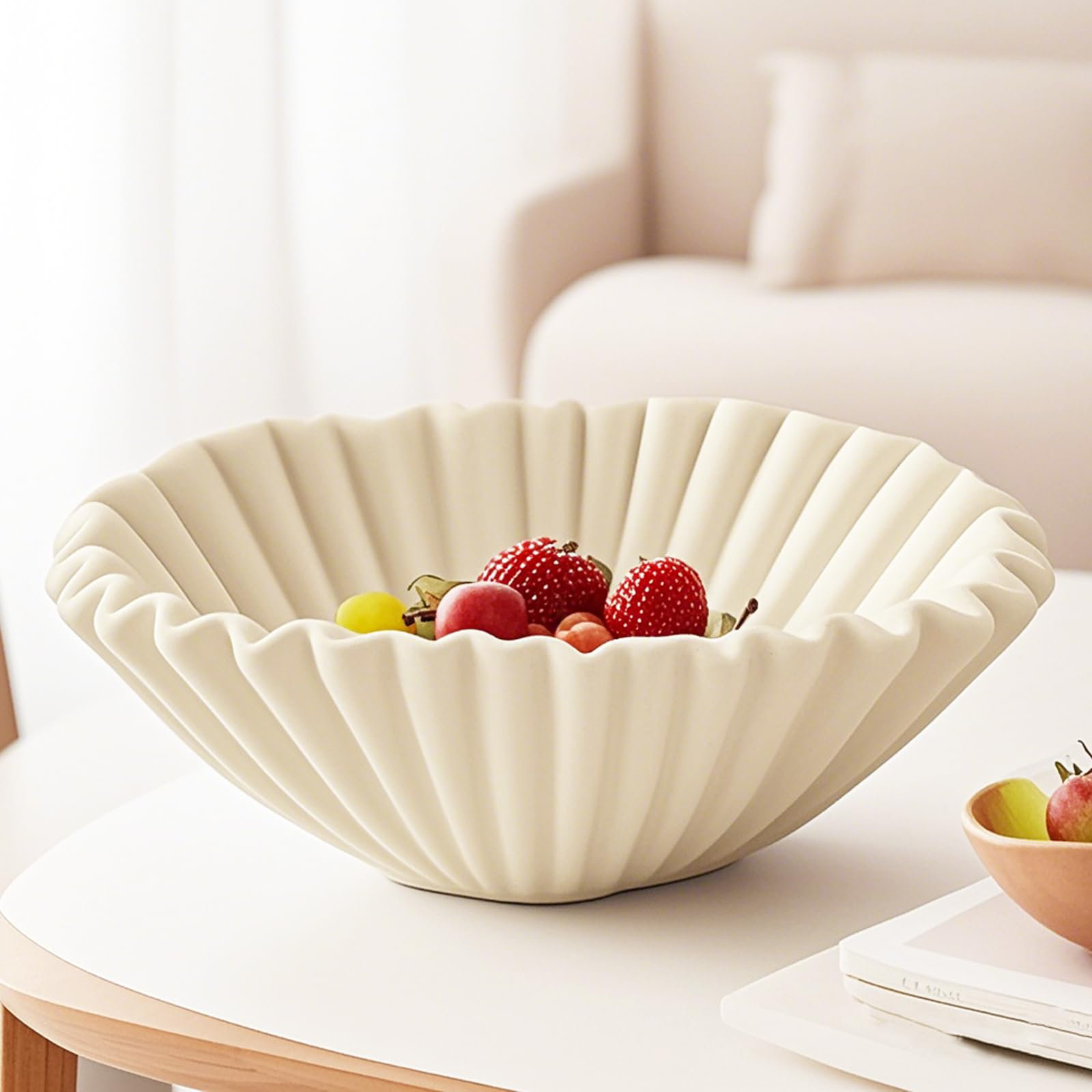 Ivy Bronx Large Decorative Ceramic Bowl – Marble-Grade Ruffle Scalloped ...