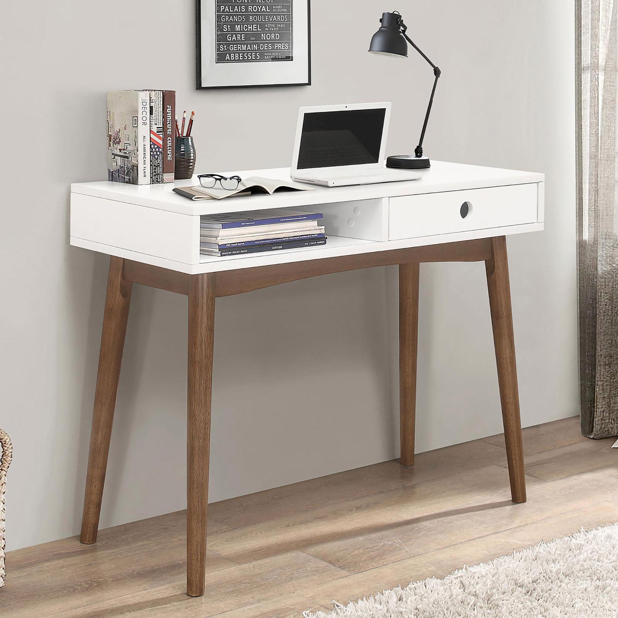 George Oliver White And Walnut 1-Drawer Writing Desk(Desk) | Wayfair