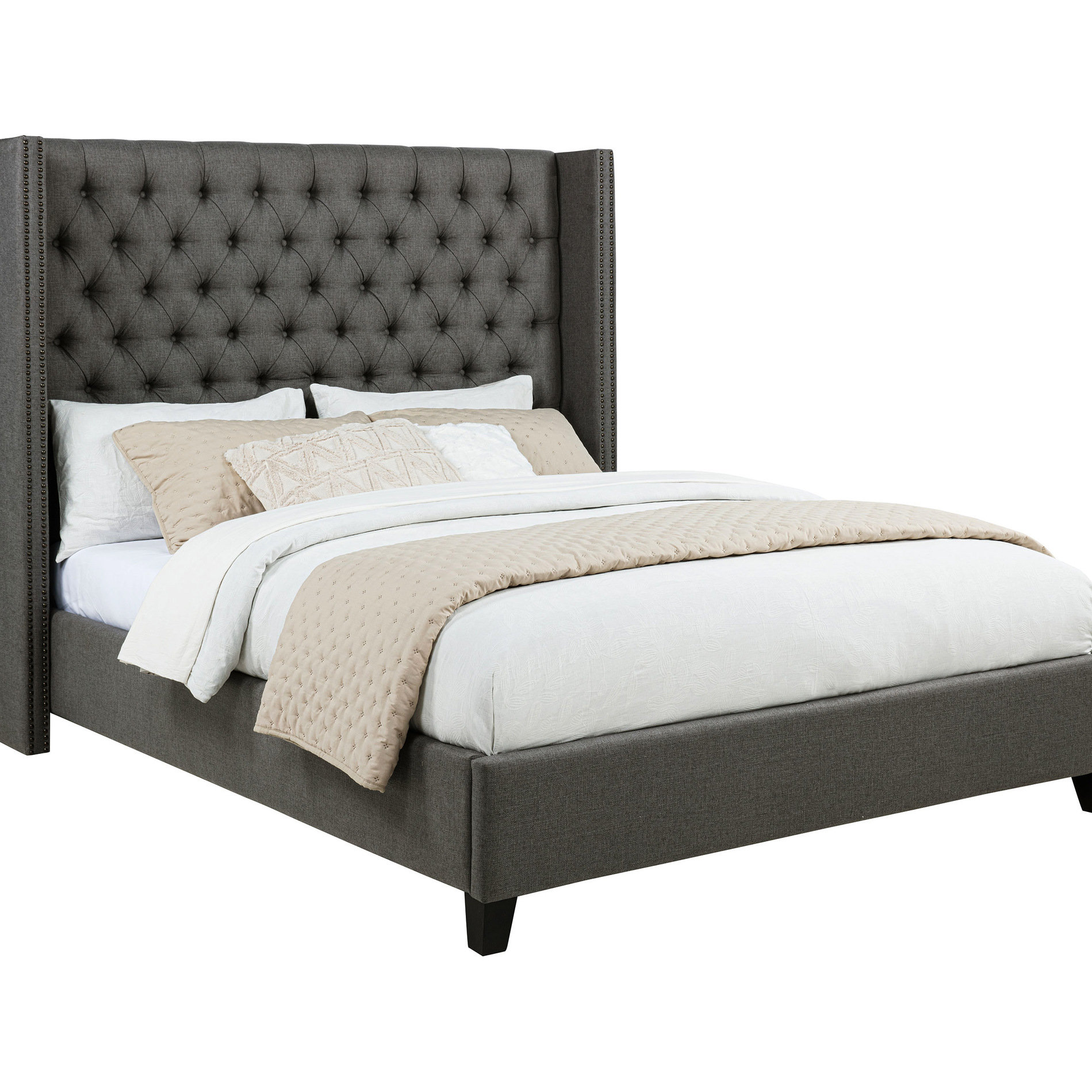 Red Barrel Studio® Grey Wingback Queen Panel Bed With Button Headboard ...