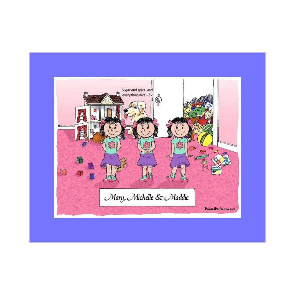 Printed Perfection Personalized Triplets, Girls Cartoon Caricature with ...