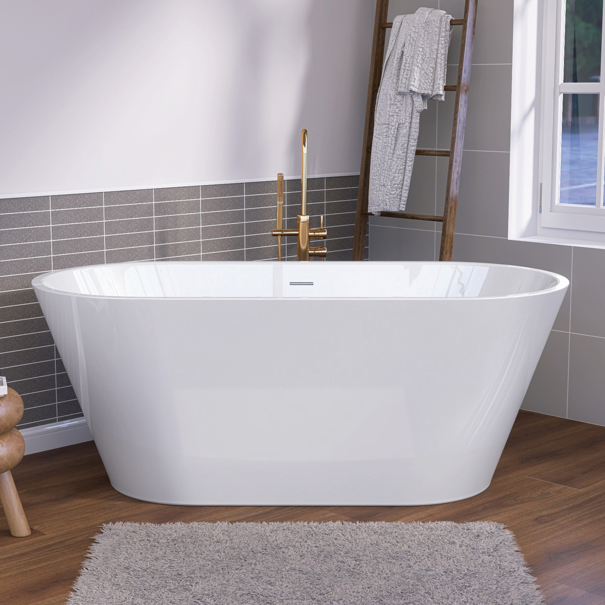 HLILish 55 Inch Acrylic Freestanding Bathtub Contemporary Soaking White ...