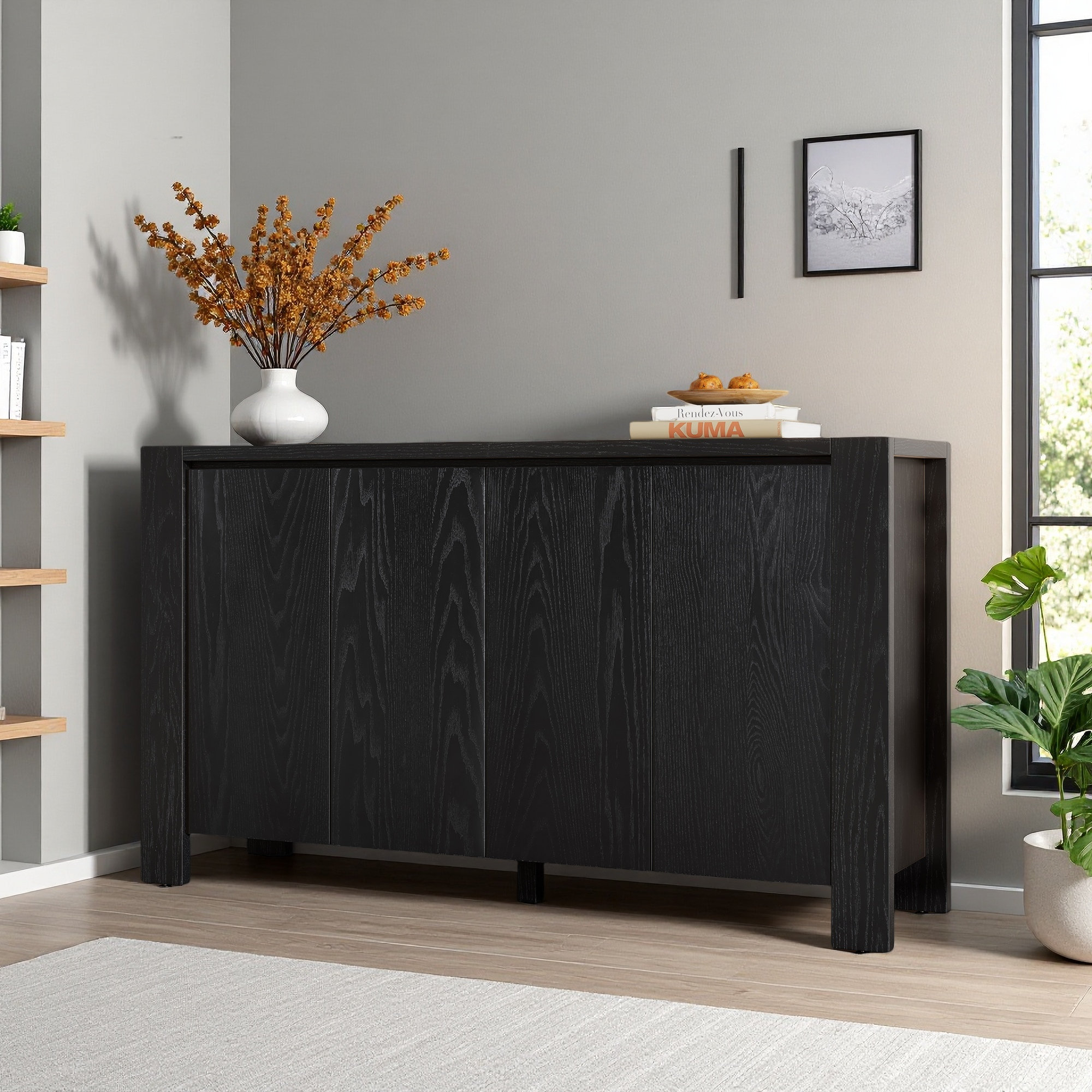 Ebern Designs Buffet Cabinet With Storage, 4-Door Retro Wood Sideboard With Distressed Finish ...