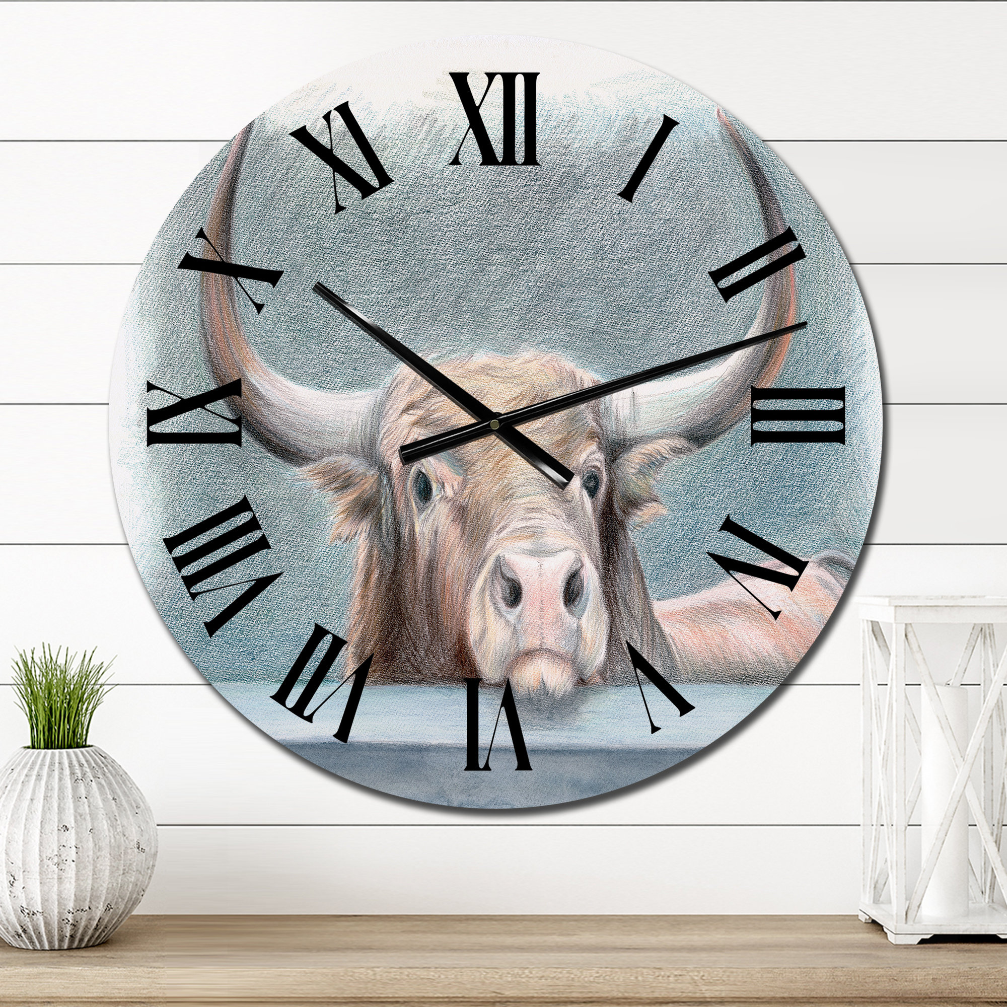 East Urban Home Big Bull with Horns Behind A Low Wall - Traditional ...