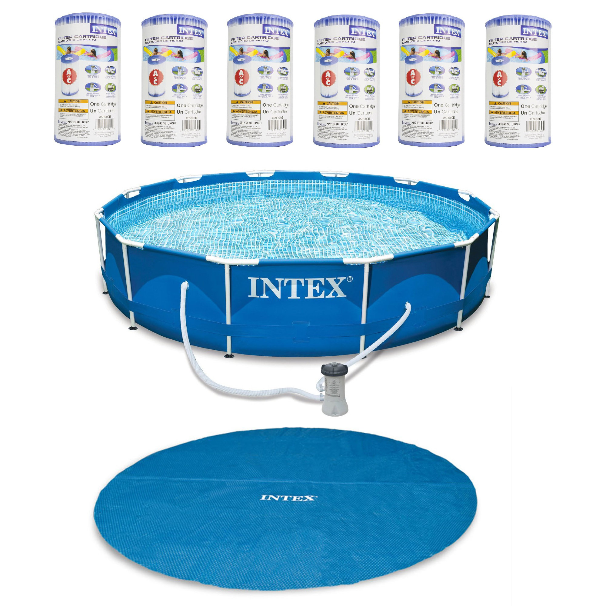 Intex 12' Pool Cover w/ 12 x 2.5 Ft Metal Frame Pool w/ Intex Filters ...