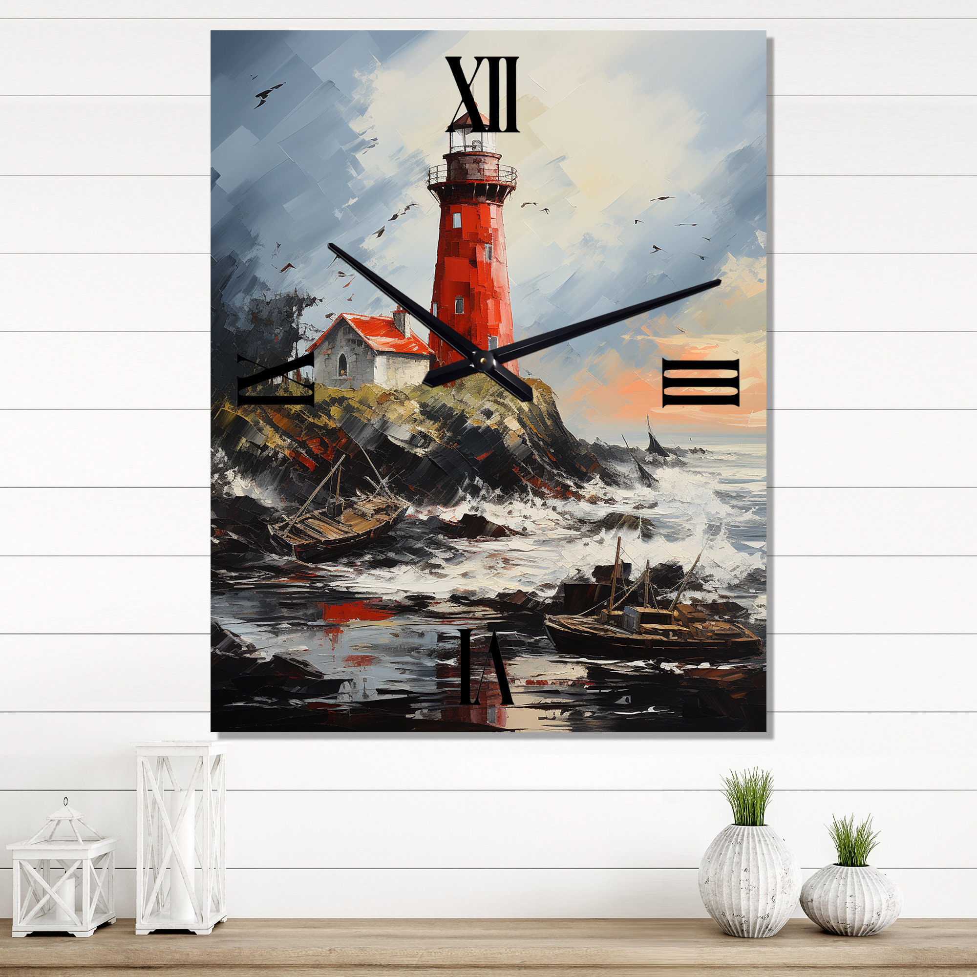 Design Art Red Beach Lighthouse Guiding - Cityscapes Wall Clocks | Wayfair