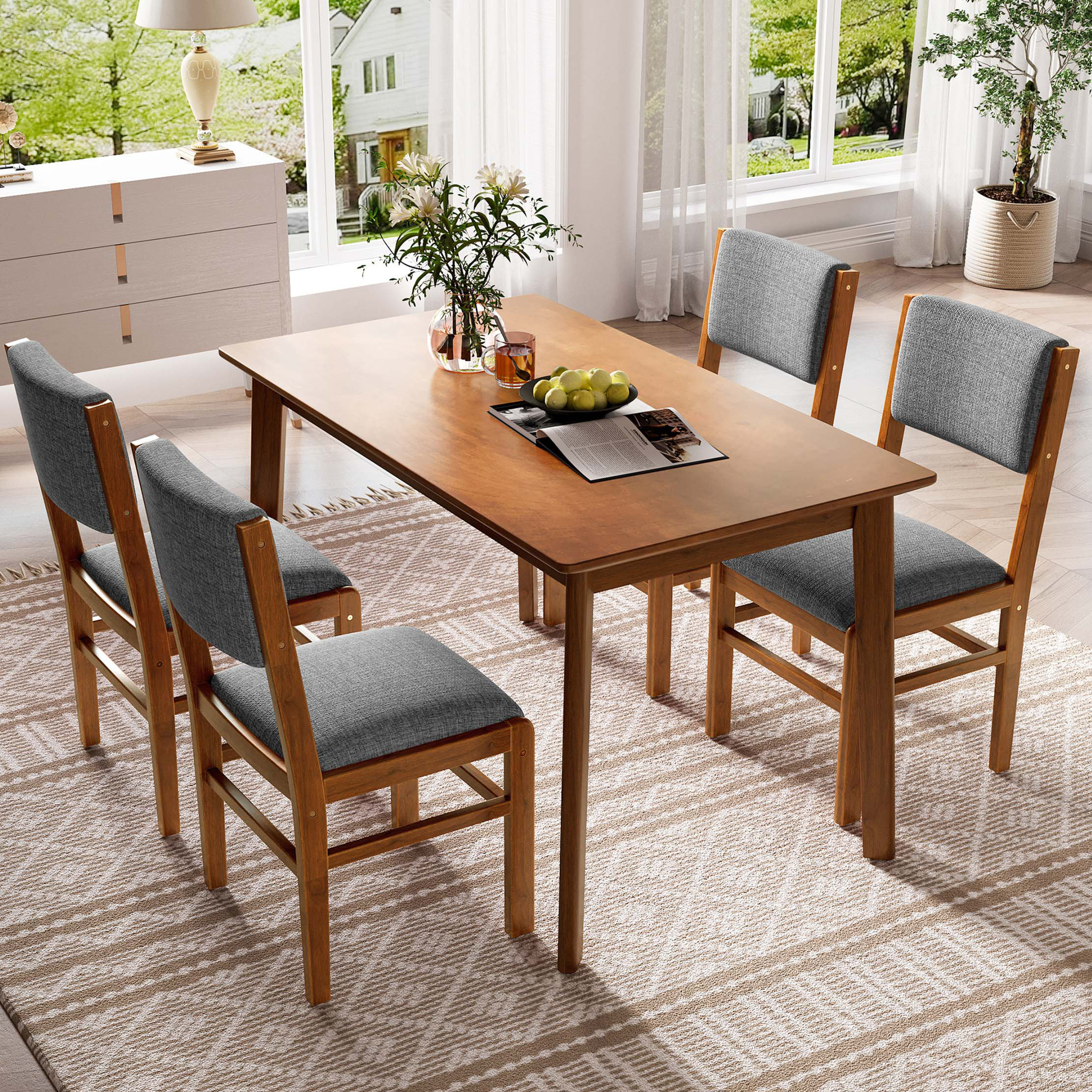George Oliver 5-Piece Rectangle Wooden Dining Table Set, Mid Century ...