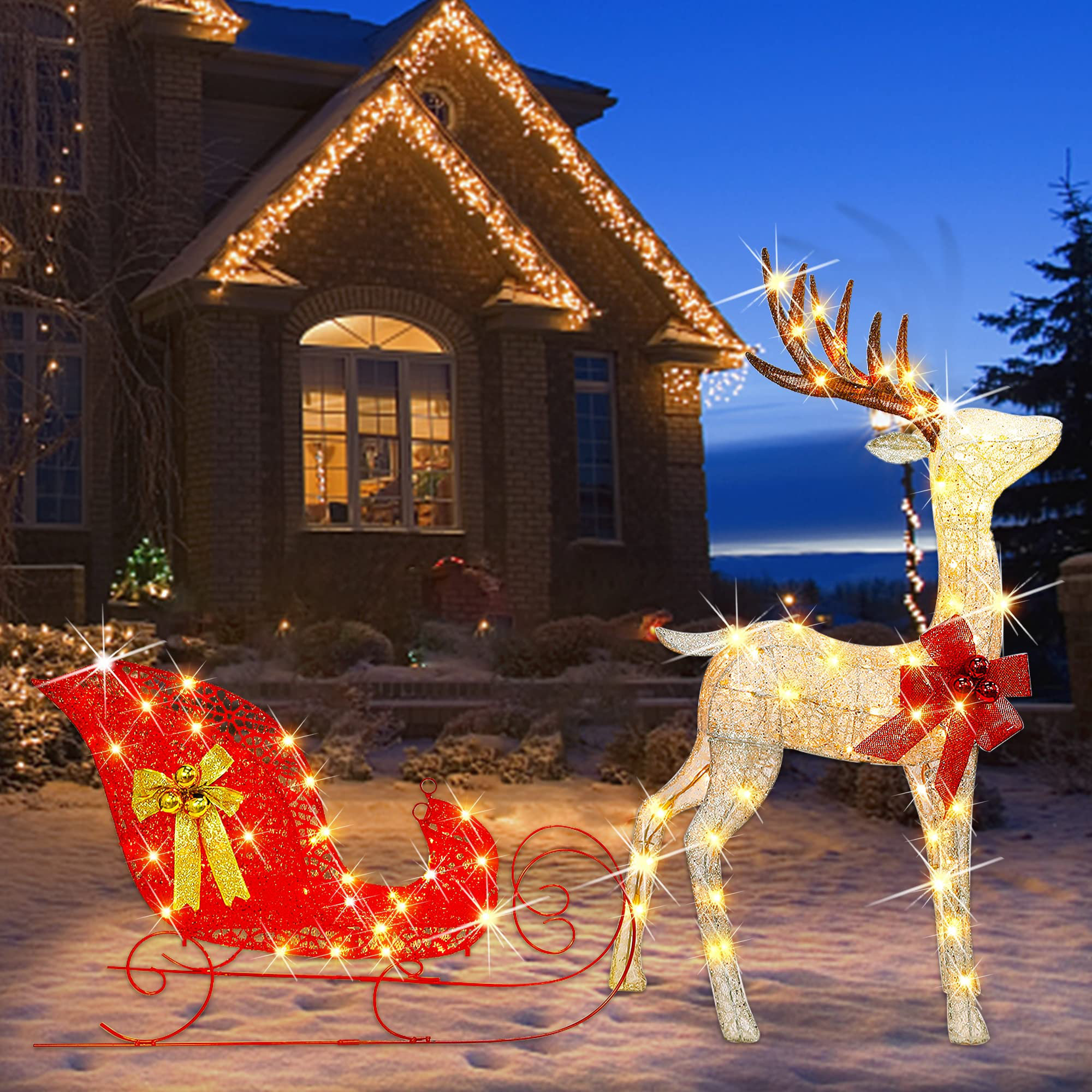 The Holiday Aisle® 4 FT 120 Leds Pre-Lit 3D Reindeer & Sleigh Outdoor ...