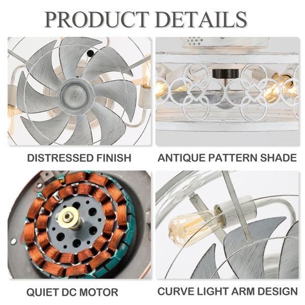 Wrought Studio Gaeton 20" Flush Mount Vintage White Caged Ceiling Fan ...