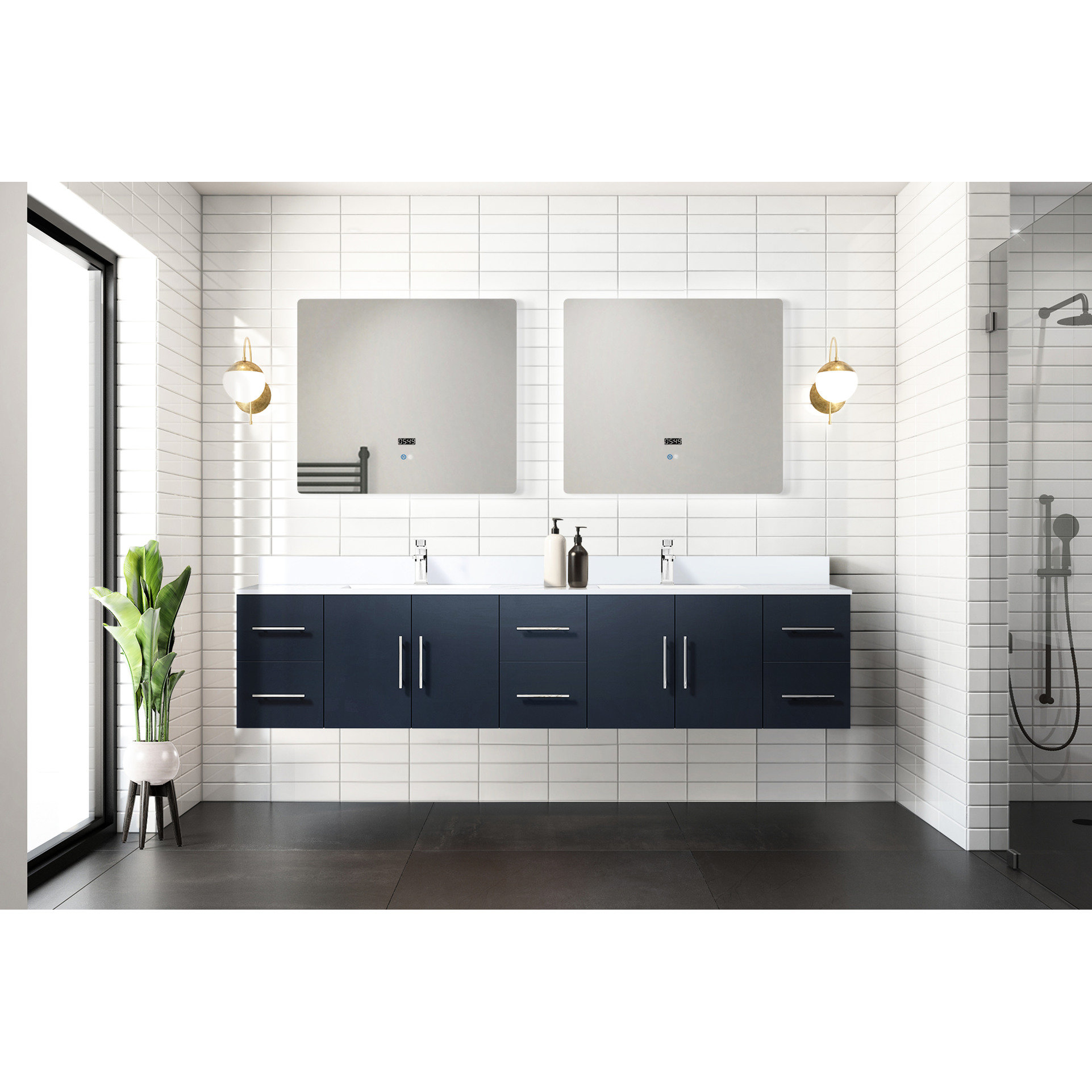 Hokku Designs 36 In. Led Mirrors With Navy Blue Bath Vanity And Quartz ...