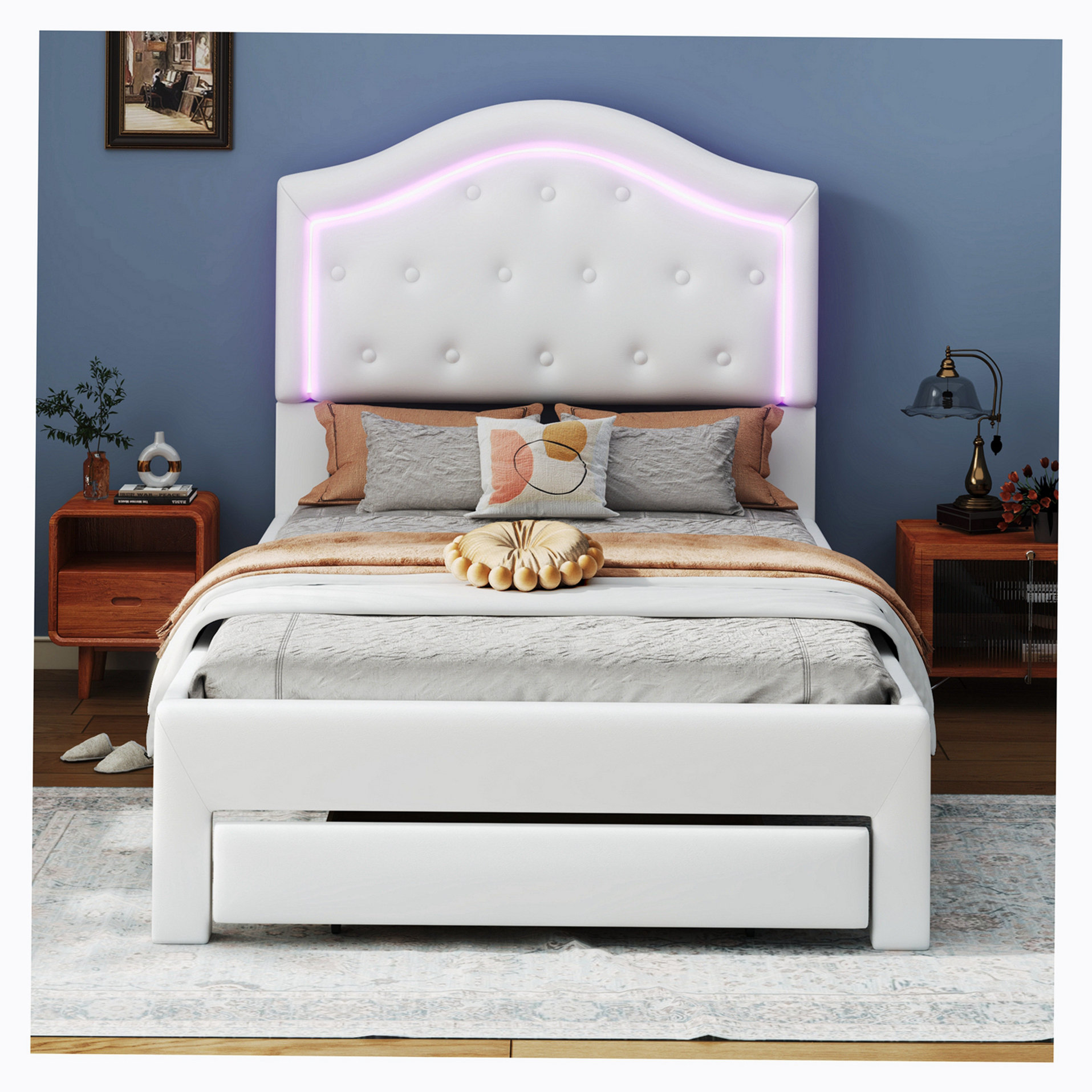 Mercer41 Upholstered Platform Bed with Tufted Headboard, LED and 2 ...