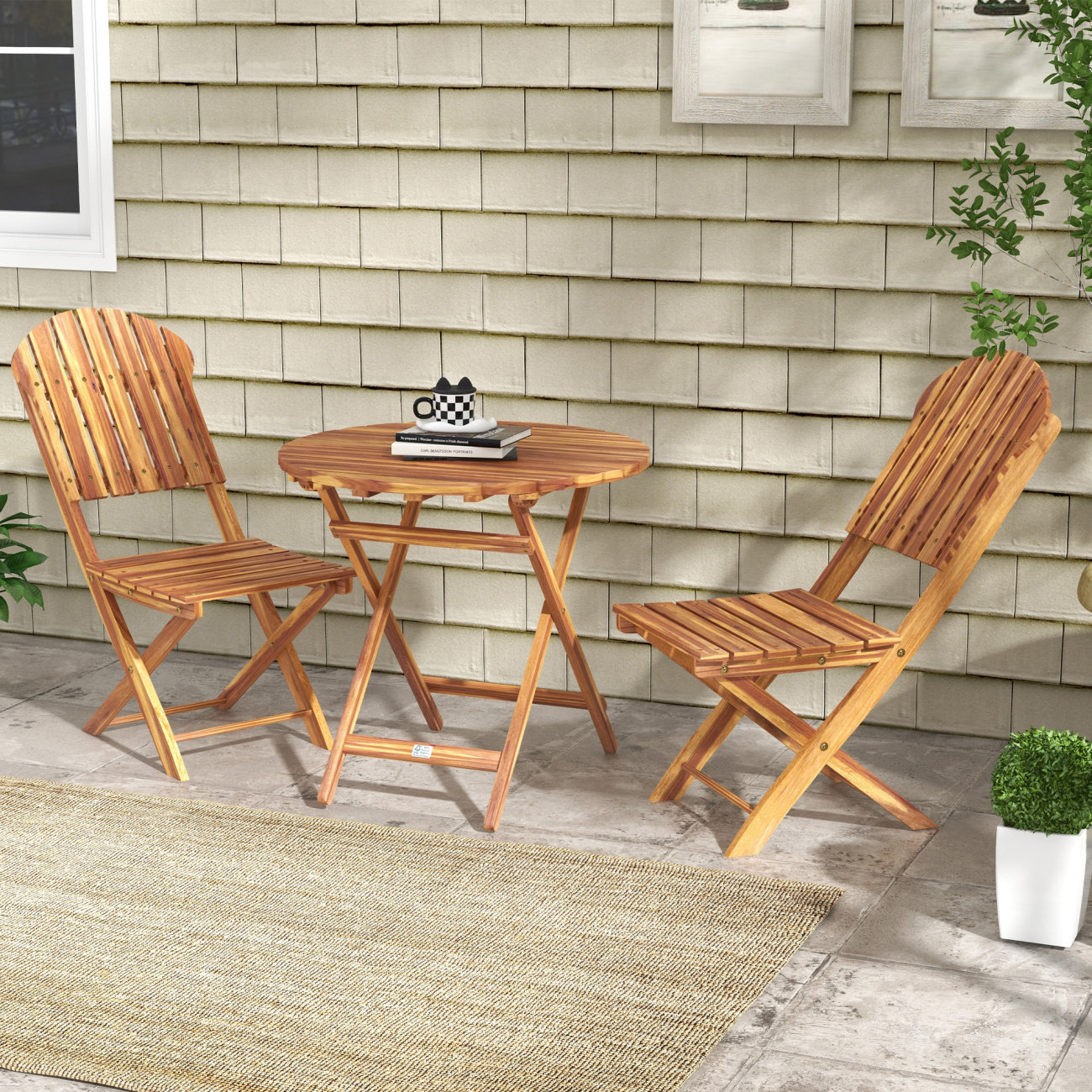 Gracie Oaks Outsunny 3-Piece Acacia Wood Bistro Set, Foldable Bistro ...