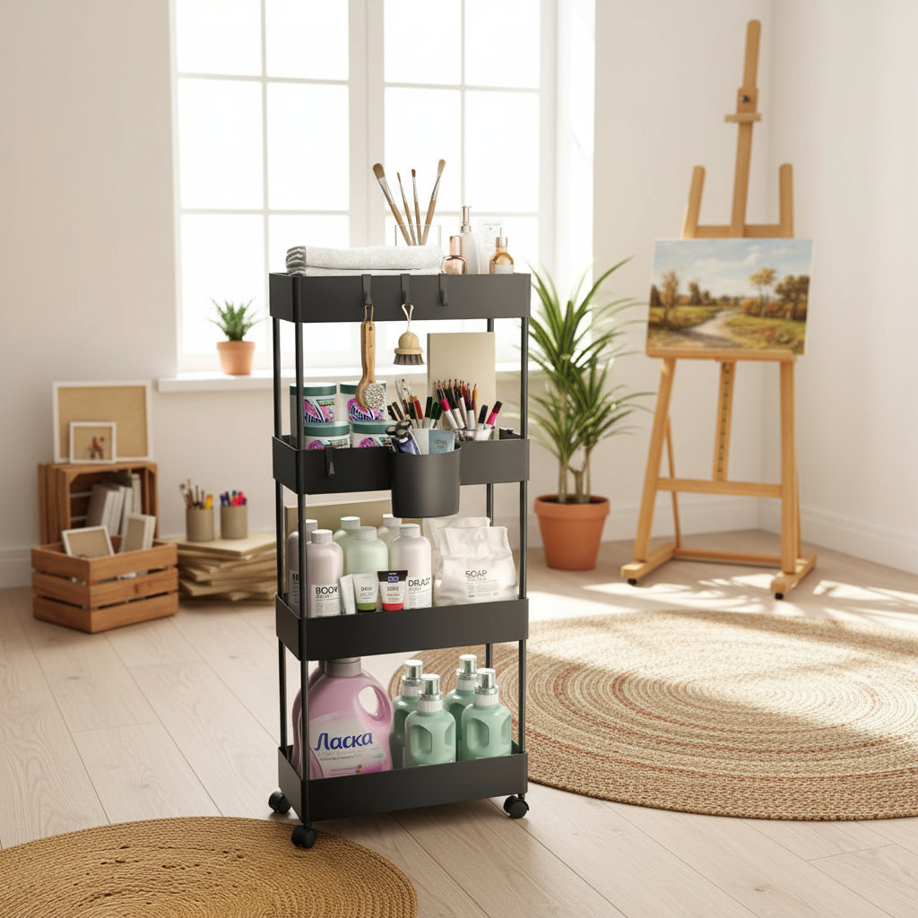 17 Stories Black 4 - Tier Slim Rolling Storage Trolley, A Multi - Use ...