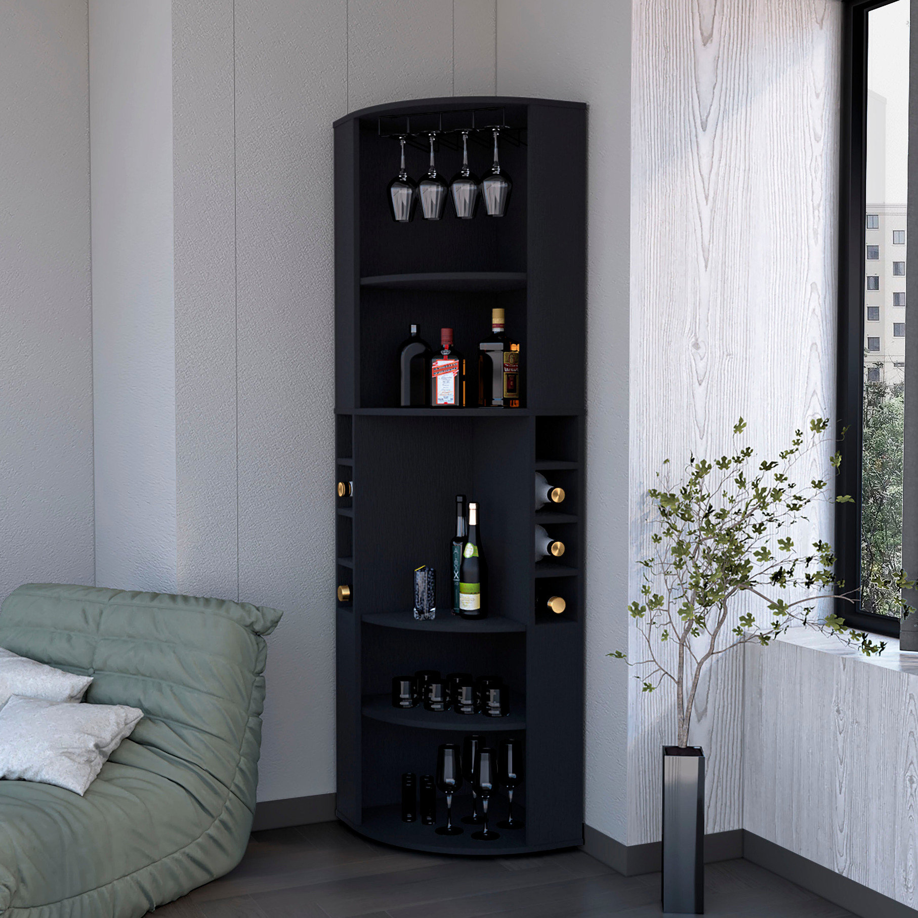 Latitude Run® 5 Shelf Black Corner Bar Cabinet - Wood, Stores Wine ...