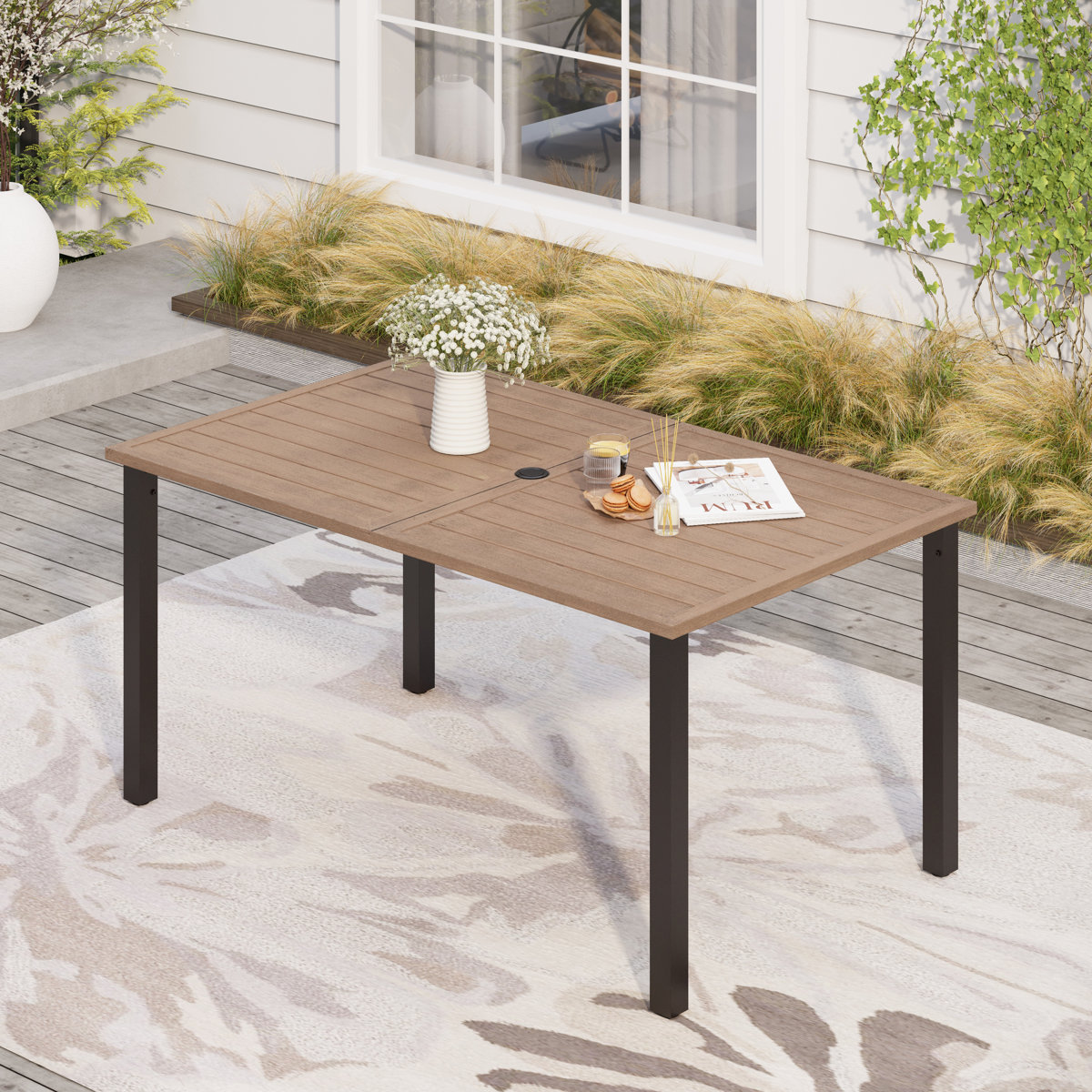 Hokku Designs Romik Rectangle Metal Frame Wood-like Patio Dining Table ...