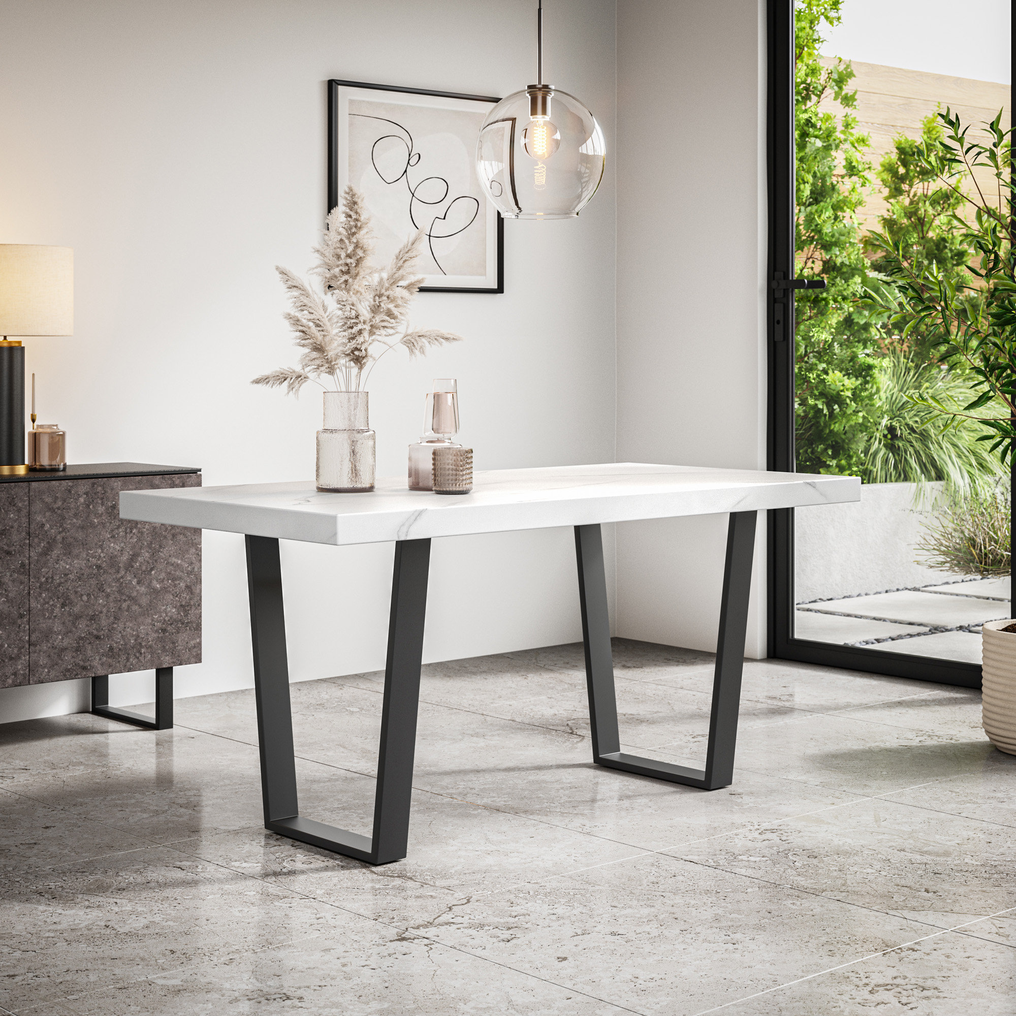 Metro Lane Dayatra Dining Table Modern Marble Effect Table Top w Black ...