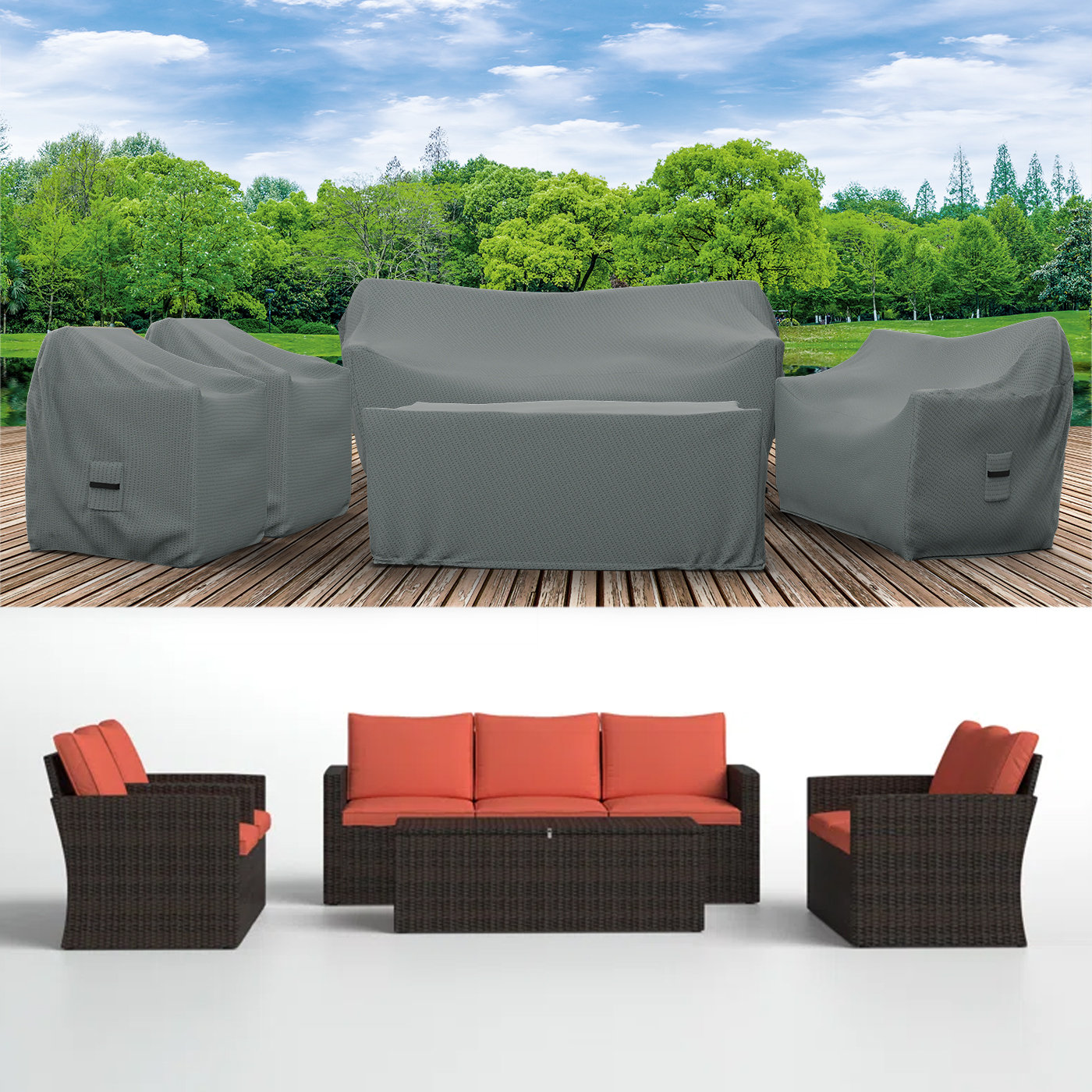 Arlmont & Co. Patio Furniture Cover Set, 5 Piece Outdoor Furniture ...