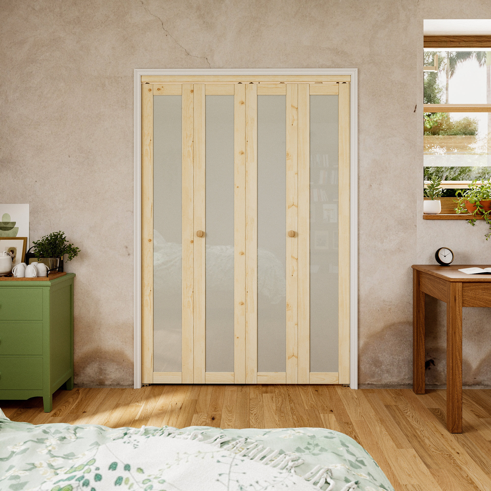 Home Worthy Double Pine Wood Unfinished 1 Lite Glass Bi-Fold Door With ...