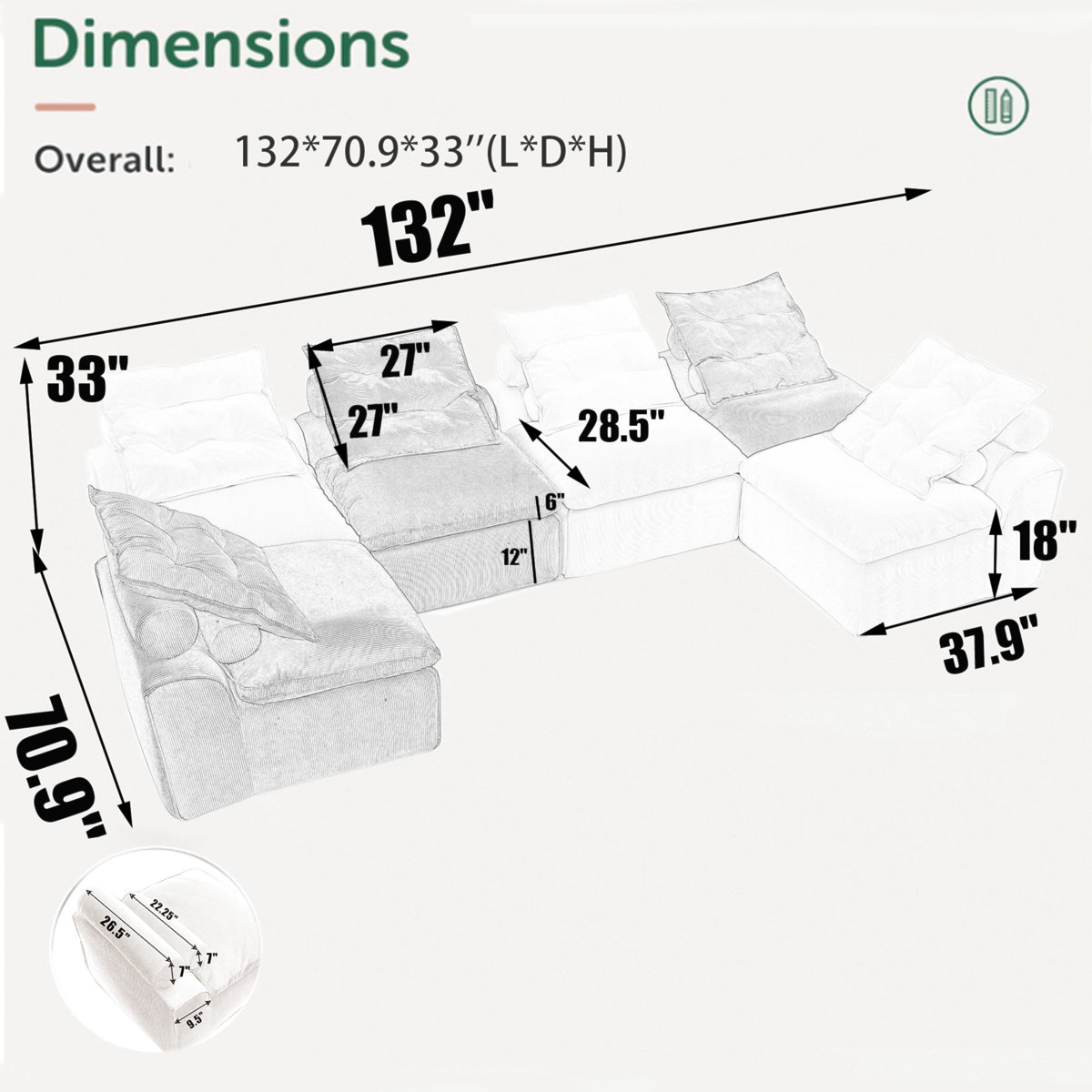 Hokku Designs 6 Seats Upholstered Modular Sofa No Armrests Corduroy for ...