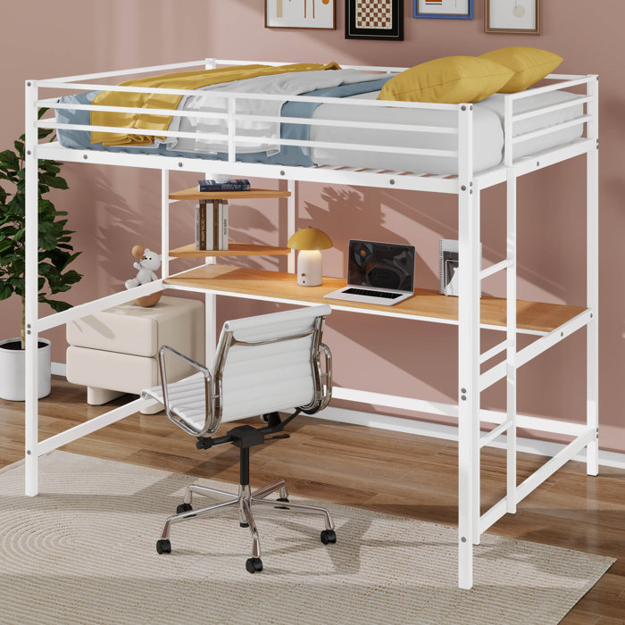 Full Size Metal Loft Bed With Desk And Storage Shelves, High Loft Bed ...