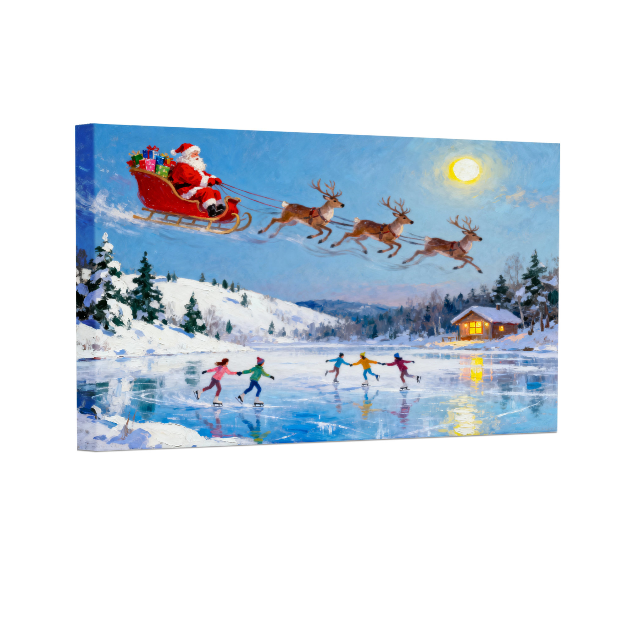 Charlton Home® Christmas Santa Sleigh Reindeer Skaters Ice Lake ...