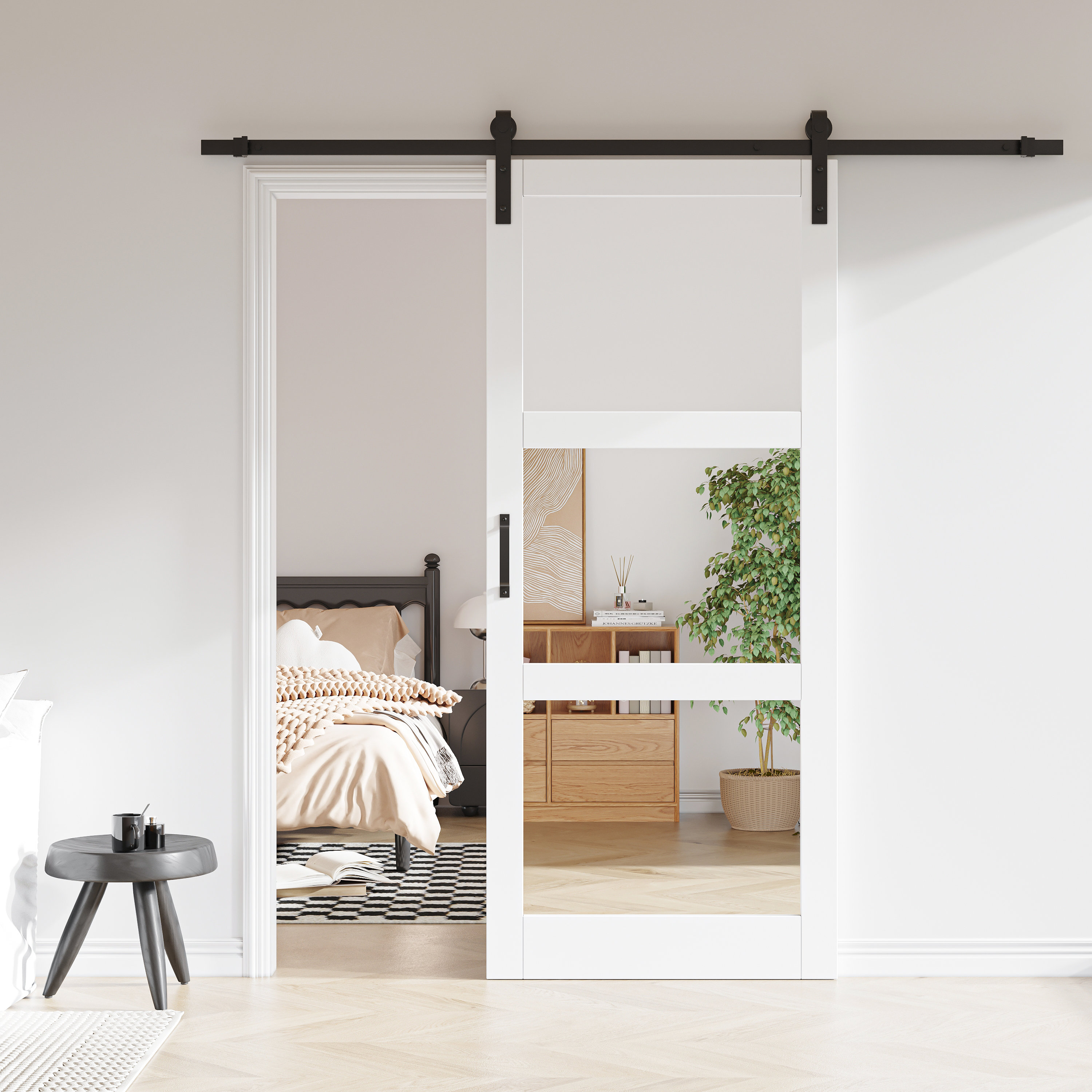 HOZONE Double-sided Glass Mirror and Solid Manufactured Wood Sliding ...