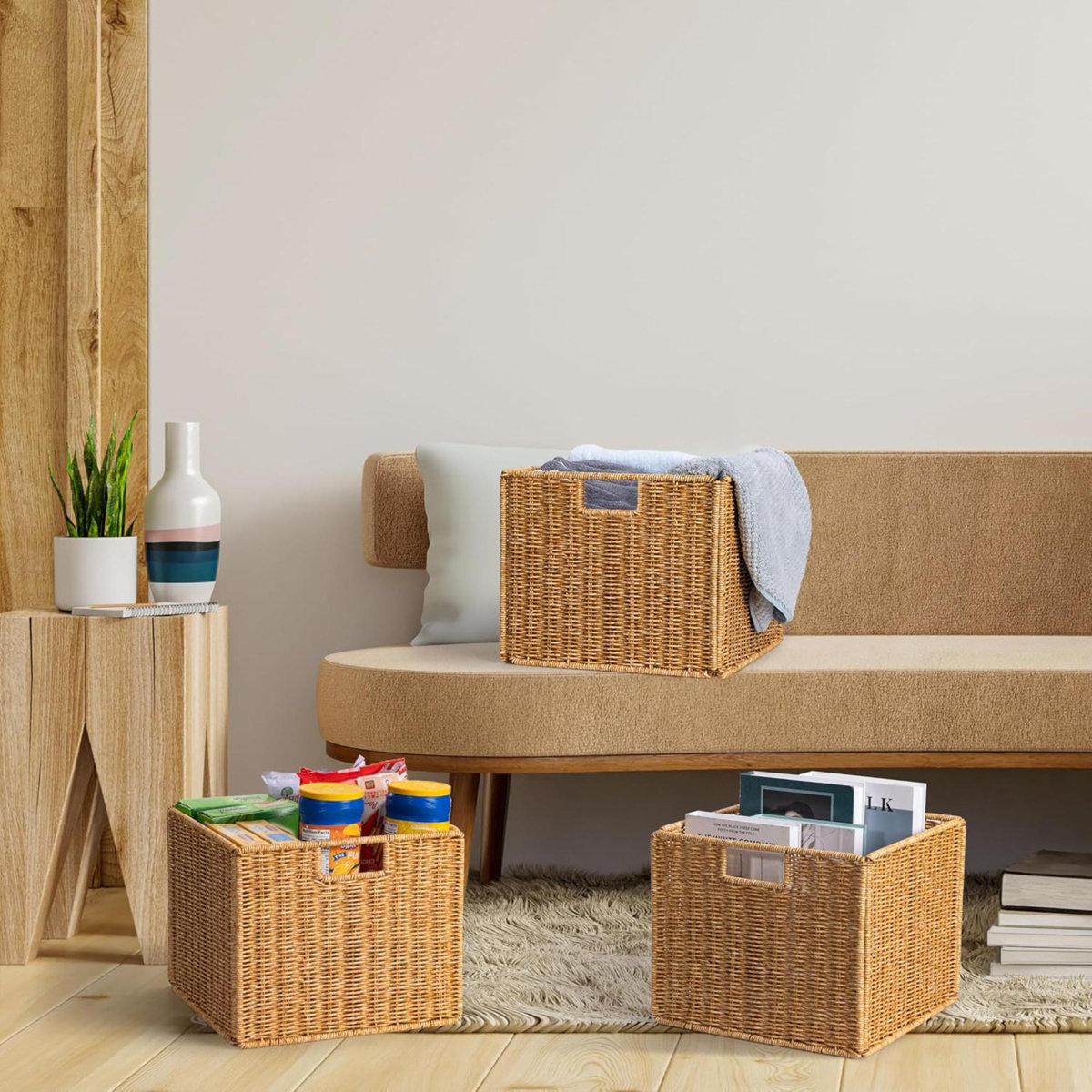 Gracie Oaks Wicker Storage Basket Set Of 3, Large Cube Basket, Foldable ...