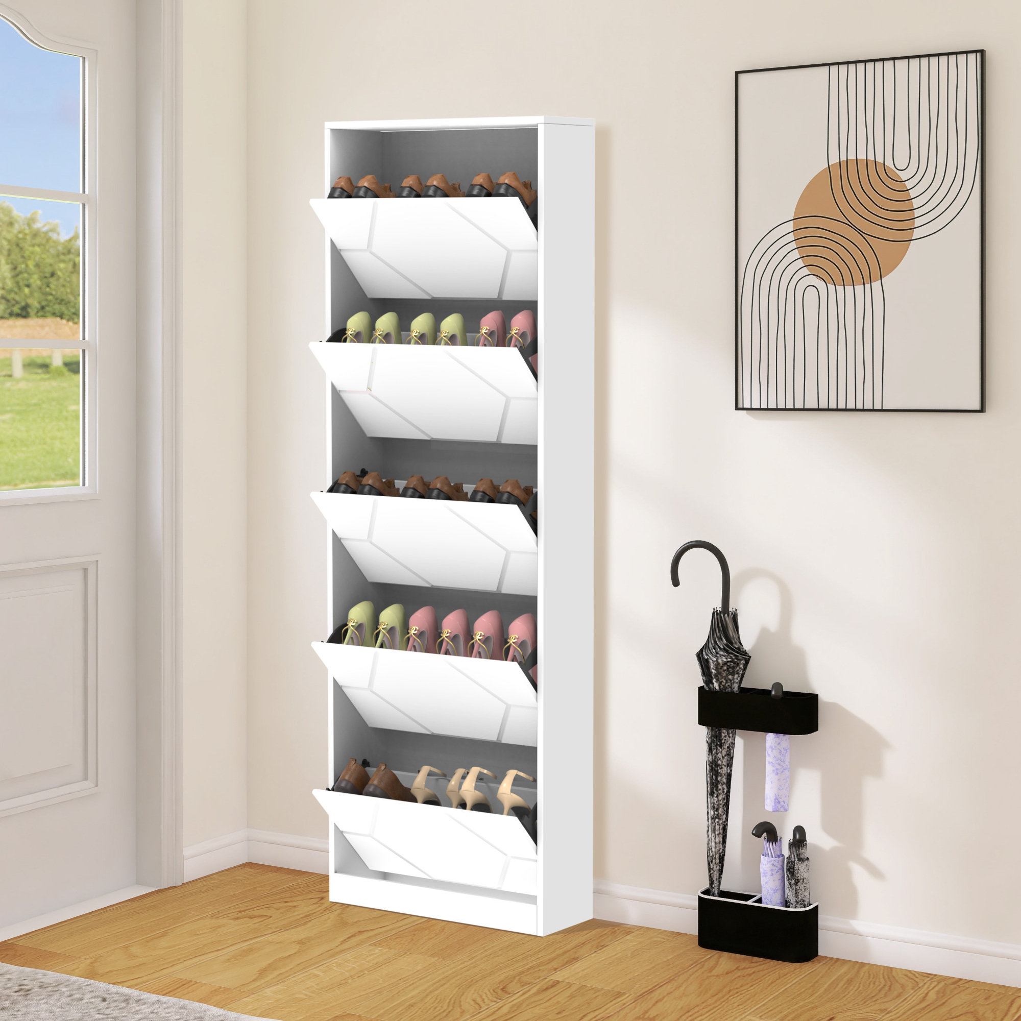 Latitude Run® Elegant White Shoe Storage Cabinet With Carved Panels ...