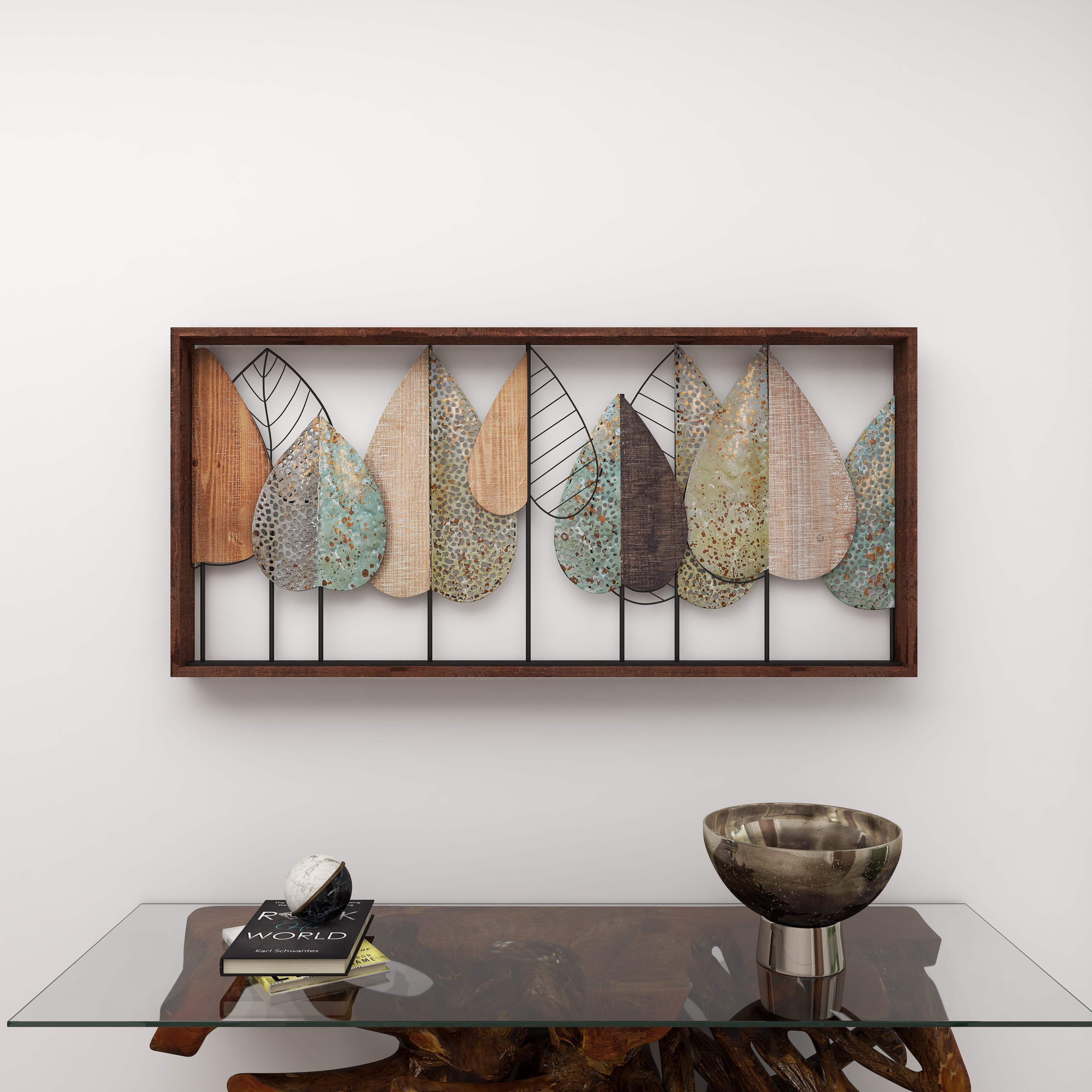 Gracie Oaks Wood Cutout Leaf Home Wall Decor with Green and Black Metal ...