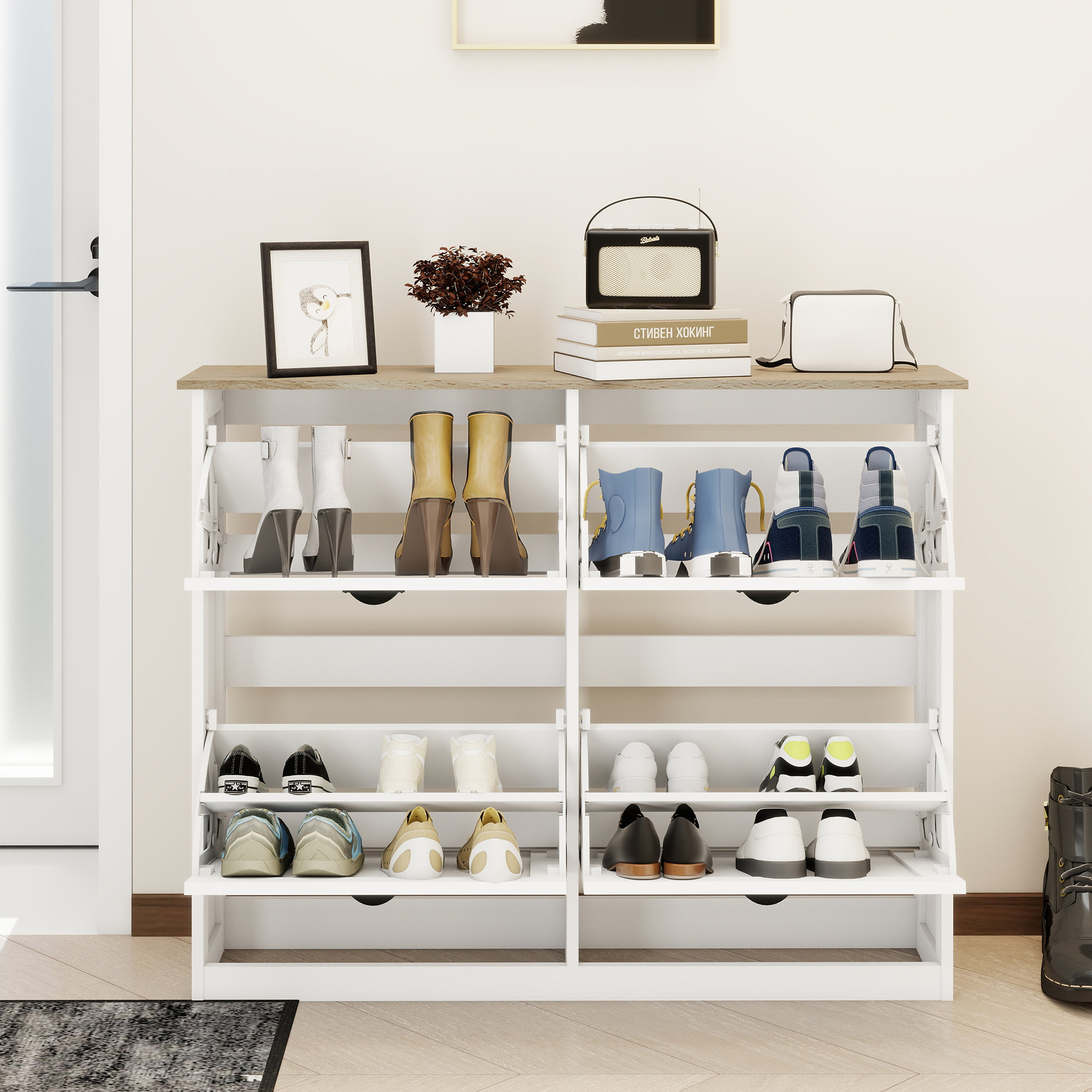 Red Barrel Studio 4 Flip Drawer White Shoe Cabinet with Adjustable ...