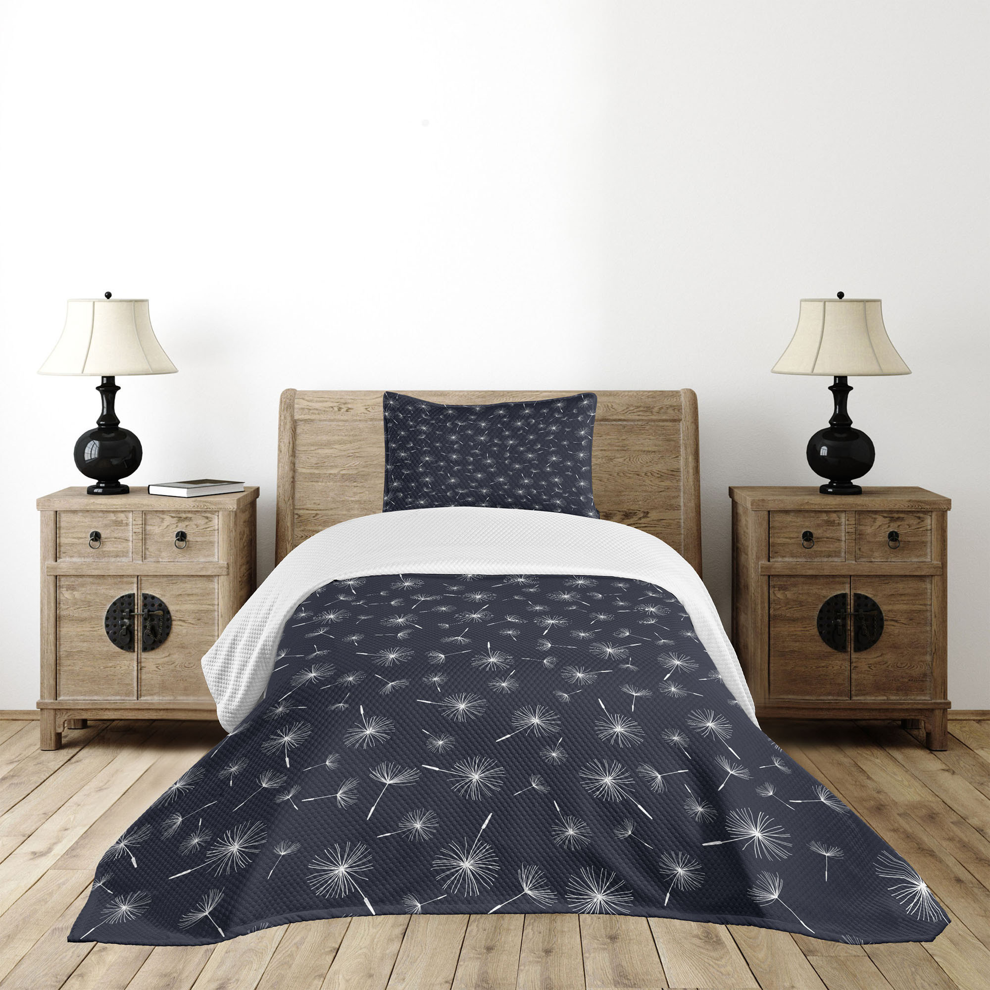 Ambesonne Dandelion Bedspread Set Floral Background Indigo White | Wayfair